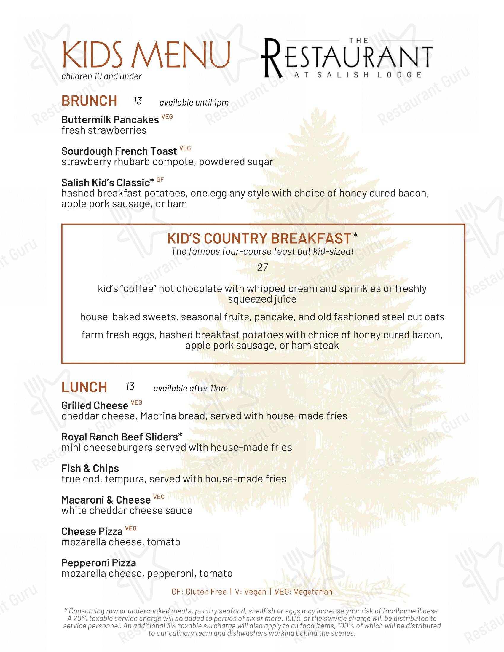 Menu at The Restaurant & Terrace Bar at Salish Lodge, Snoqualmie