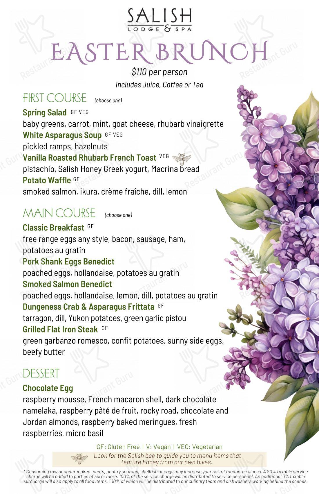 Menu at The Restaurant & Terrace Bar at Salish Lodge, Snoqualmie