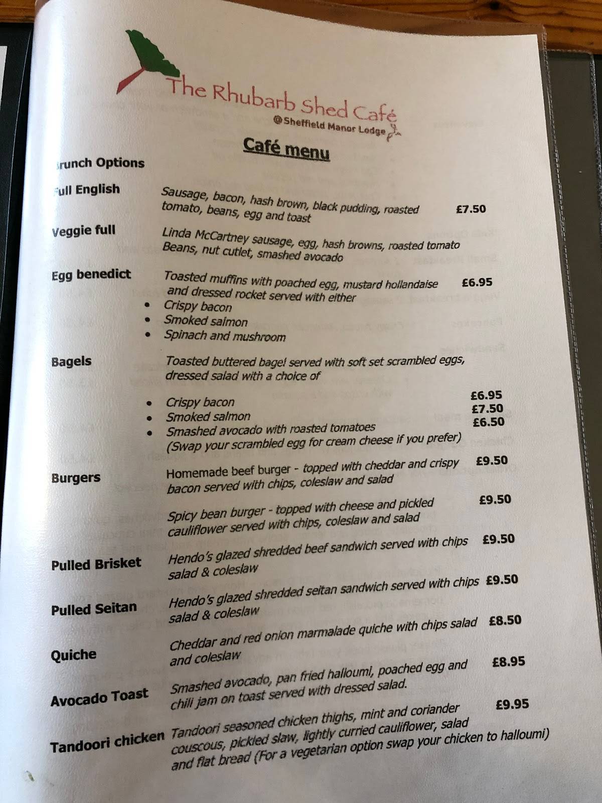 Menu at The Rhubarb Shed Cafe, Sheffield