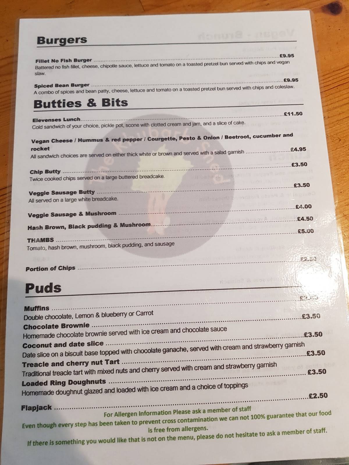 Menu at The Rhubarb Shed Cafe, Sheffield