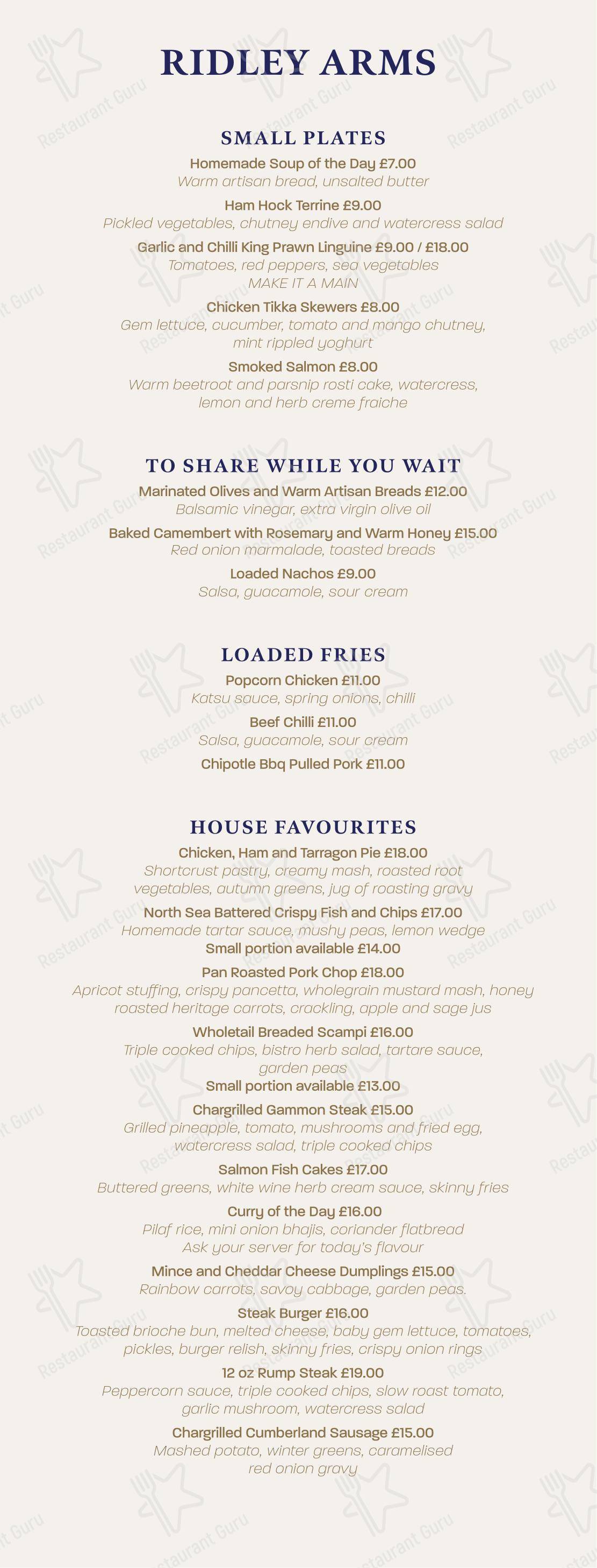 Menu at The Ridley Arms restaurant, Stannington