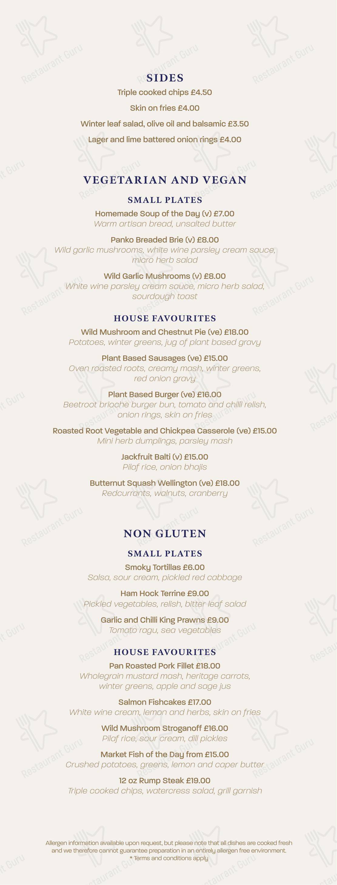 Menu at The Ridley Arms restaurant, Stannington
