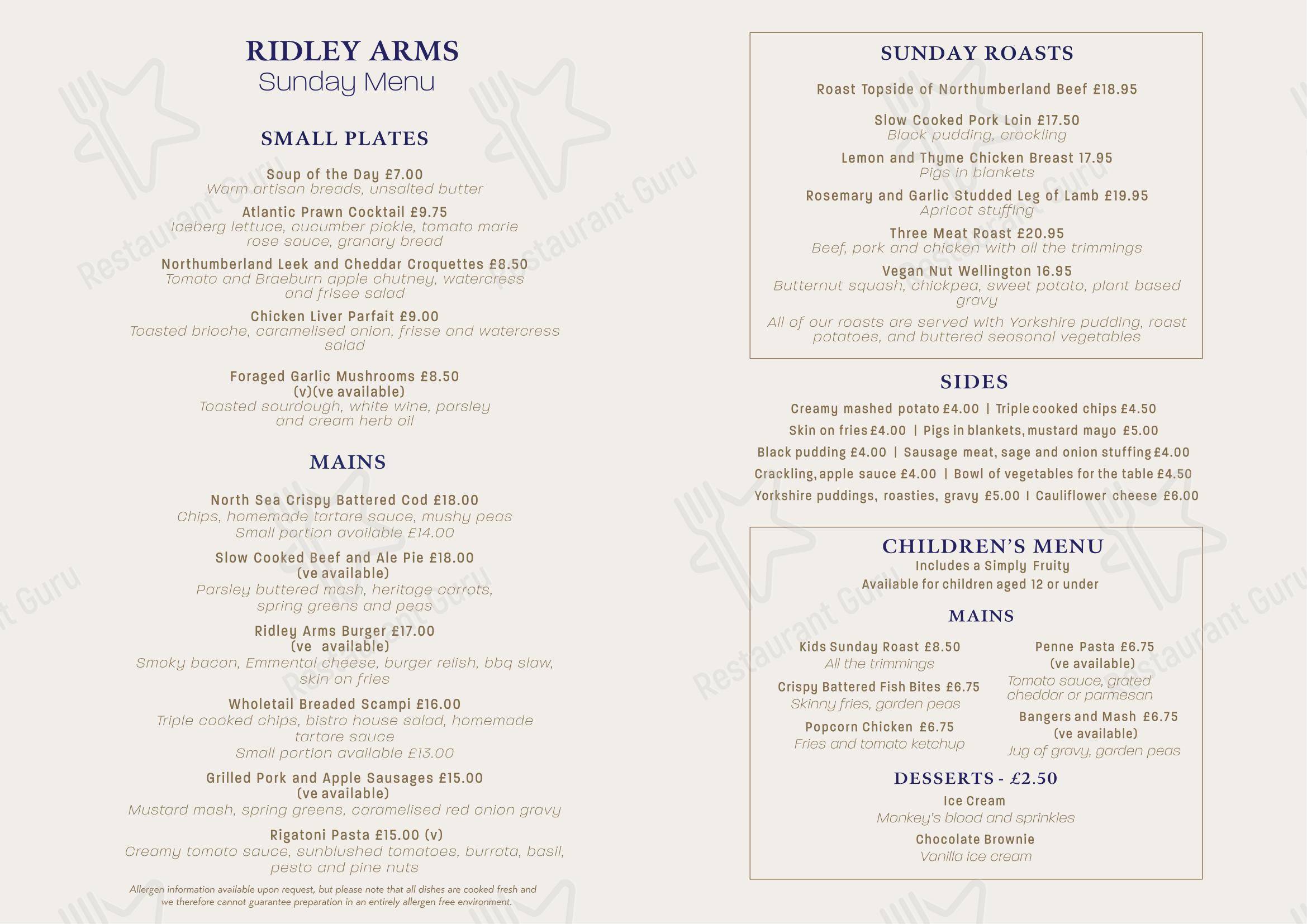 Menu at The Ridley Arms restaurant, Stannington