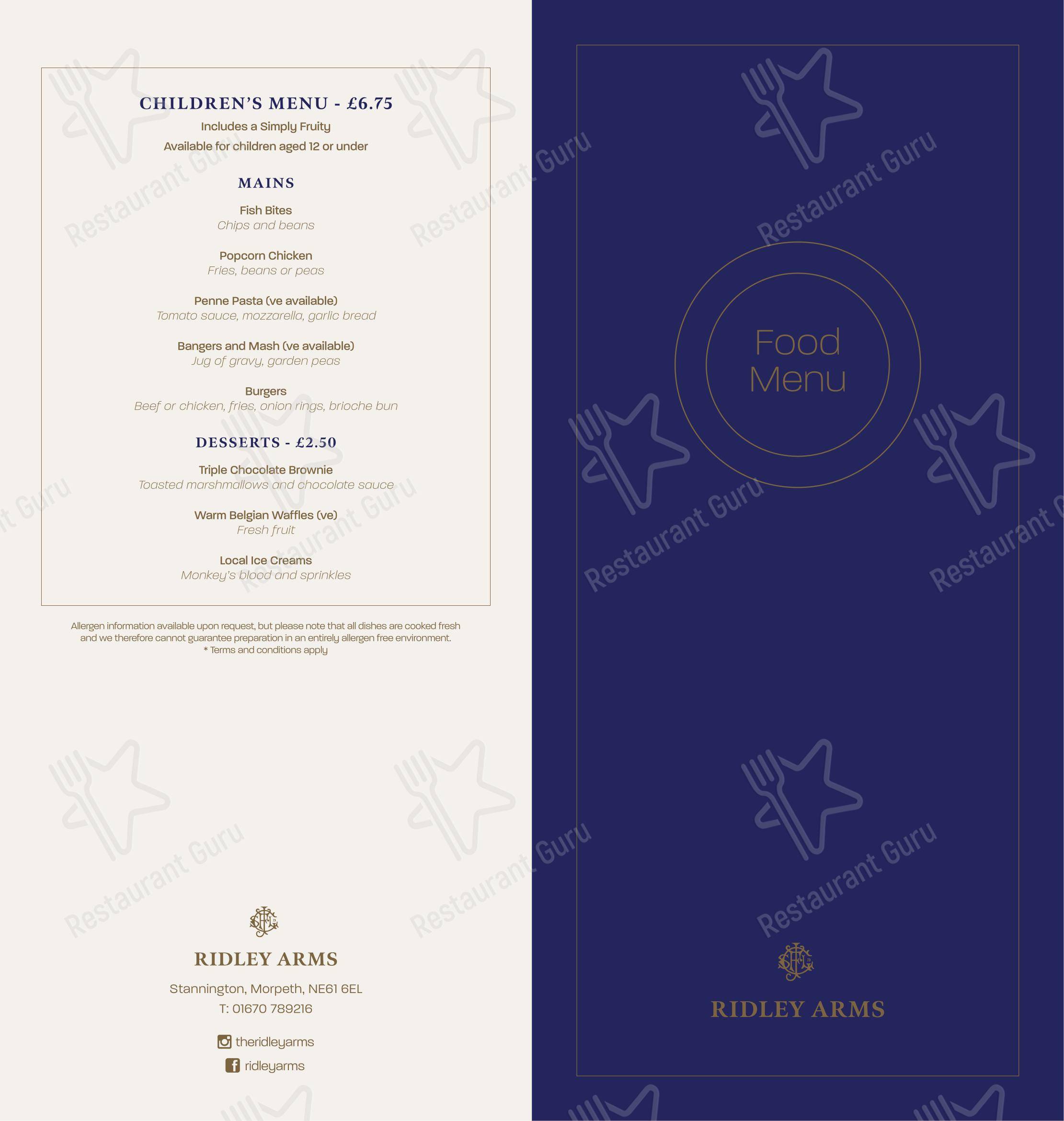 Menu at The Ridley Arms restaurant, Stannington