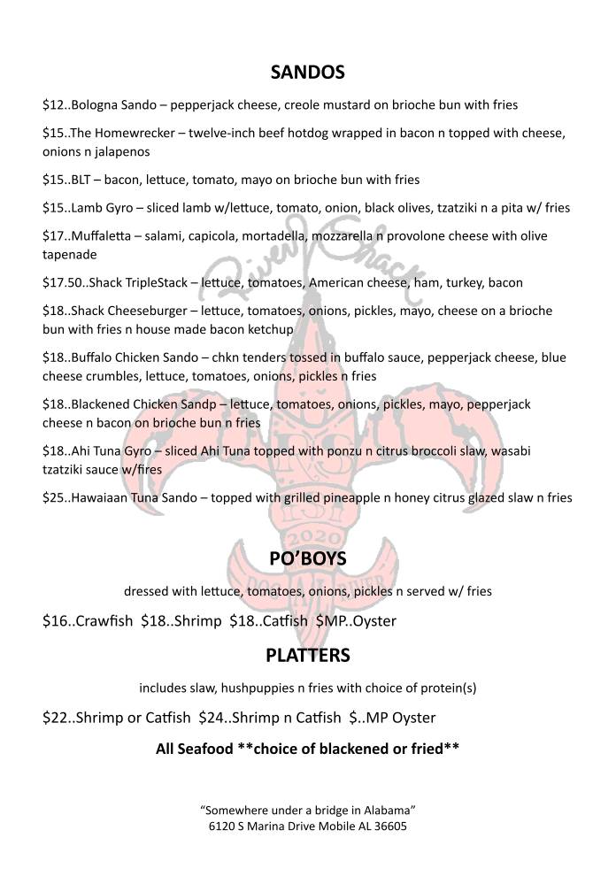Menu at The River Shack restaurant, Mobile, Marina Dr S