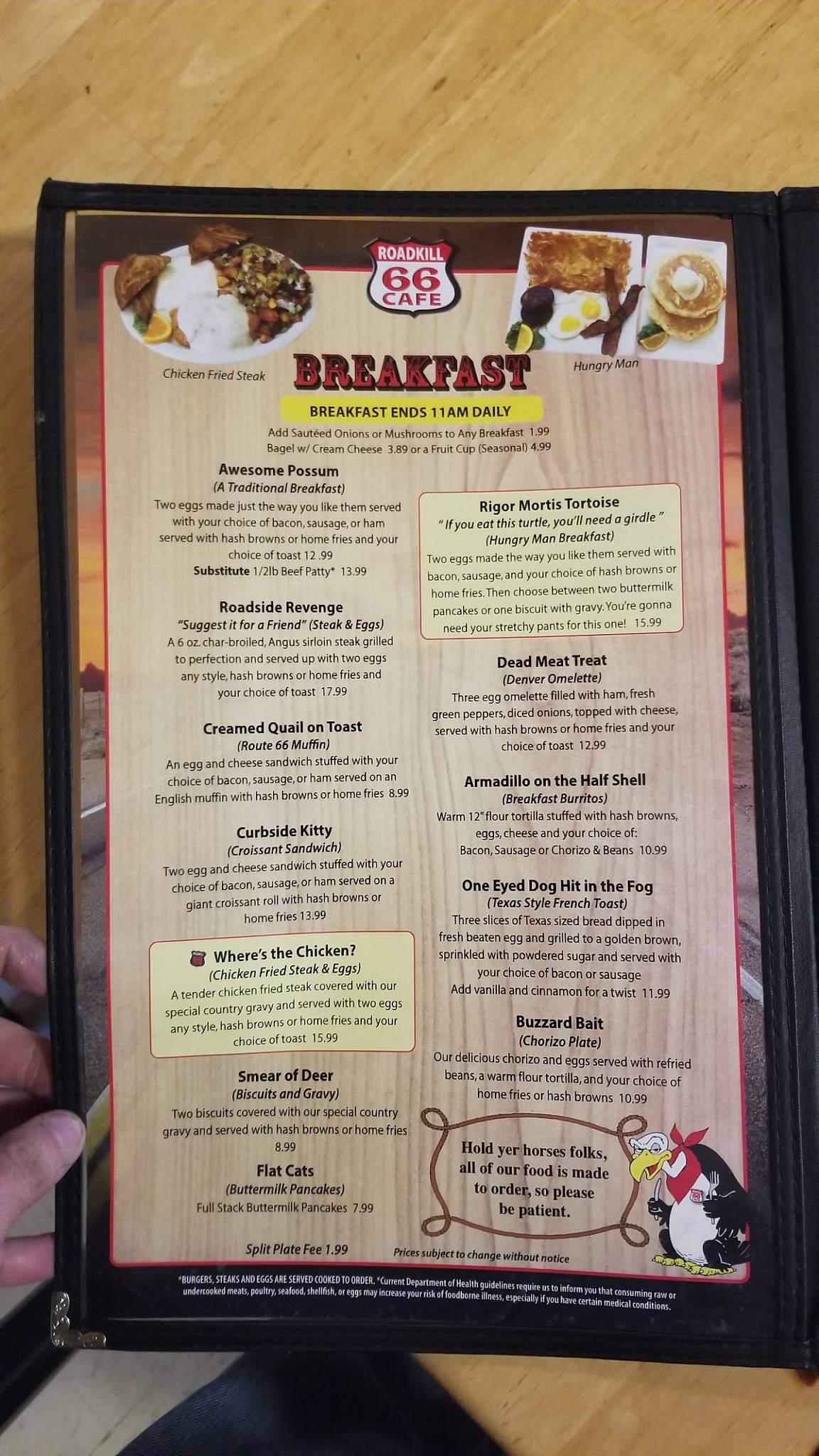 Menu at The Roadkill Cafe/O.K. Saloon, Seligman