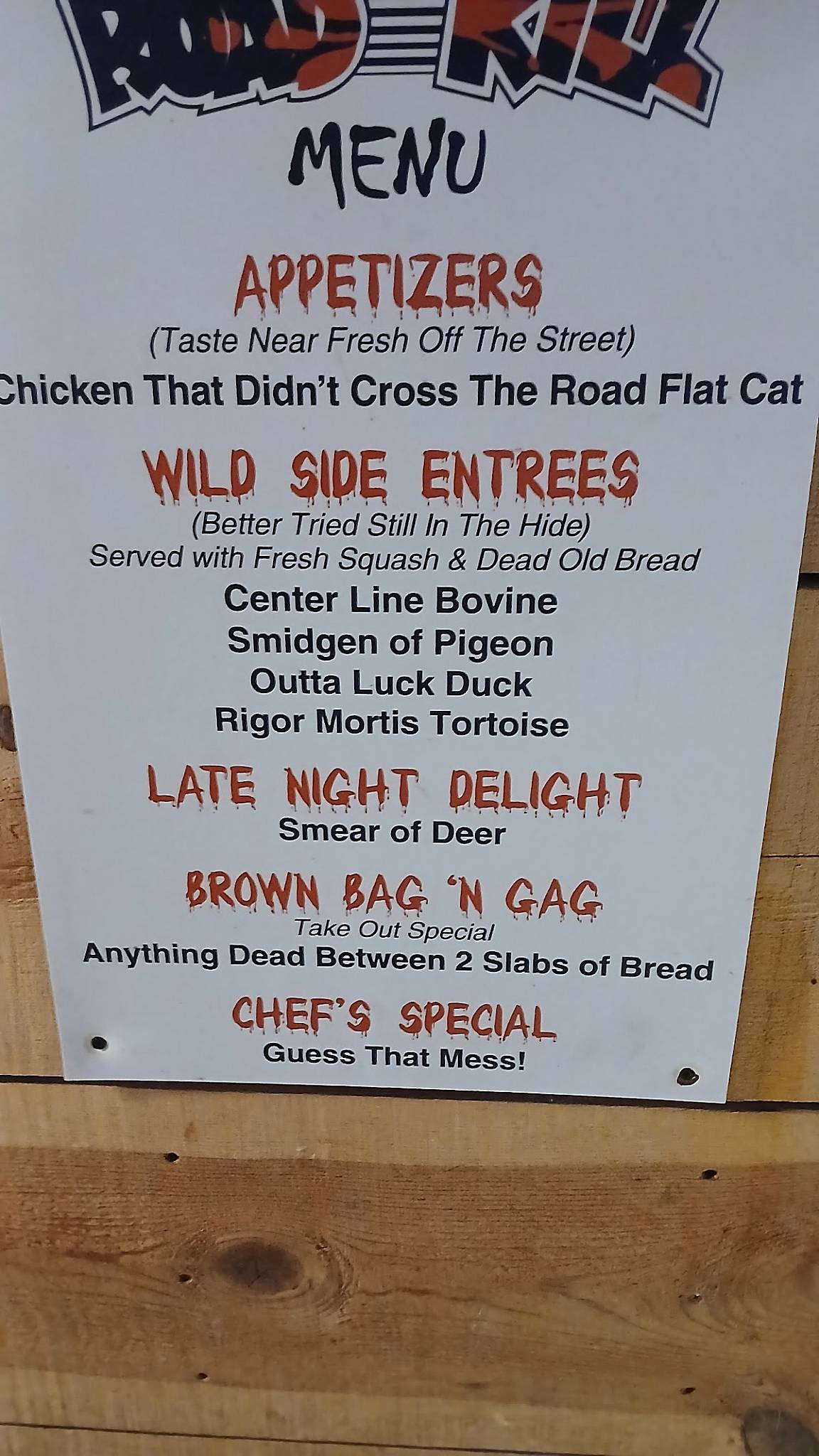 Menu at The Roadkill Cafe/O.K. Saloon, Seligman