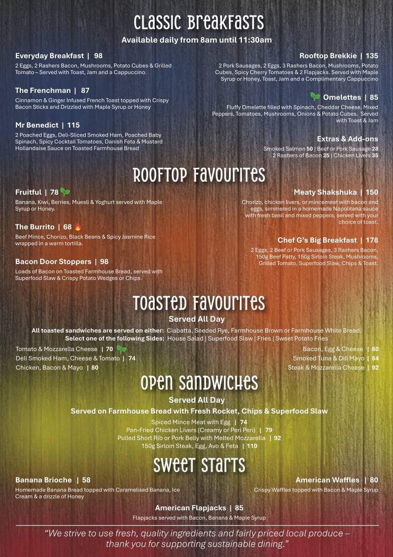 Menu at The Rooftop Grill and Bar, Roodepoort