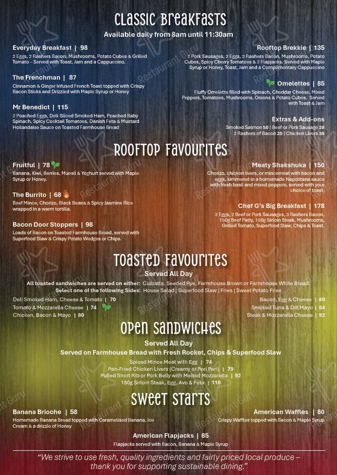 Menu at The Rooftop Grill and Bar, Roodepoort