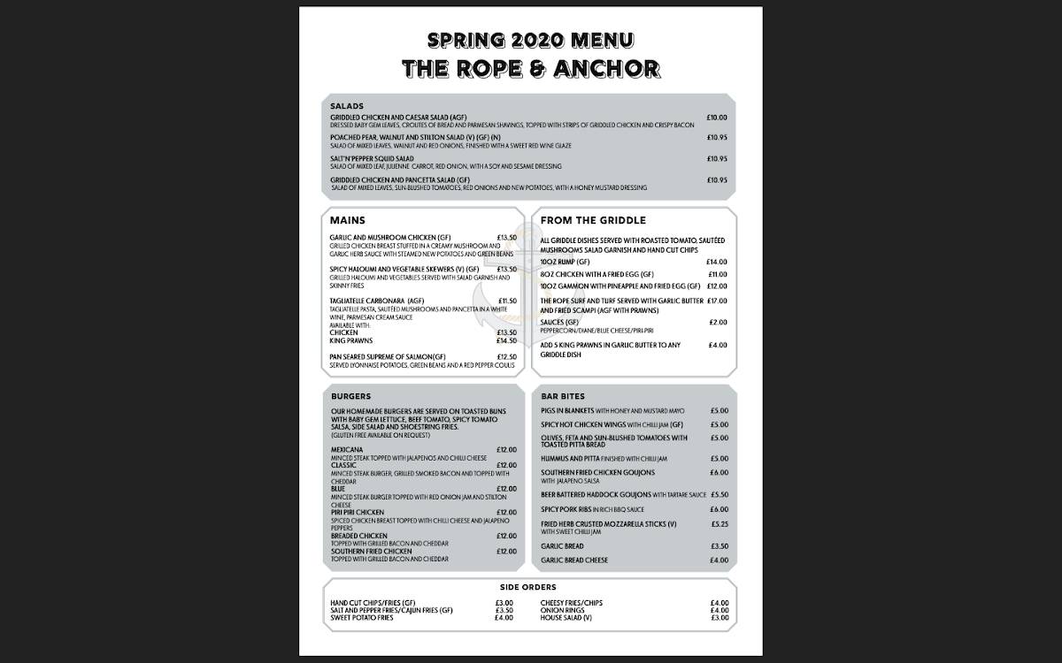 Menu at The Rope & Anchor pub & bar, Warrington