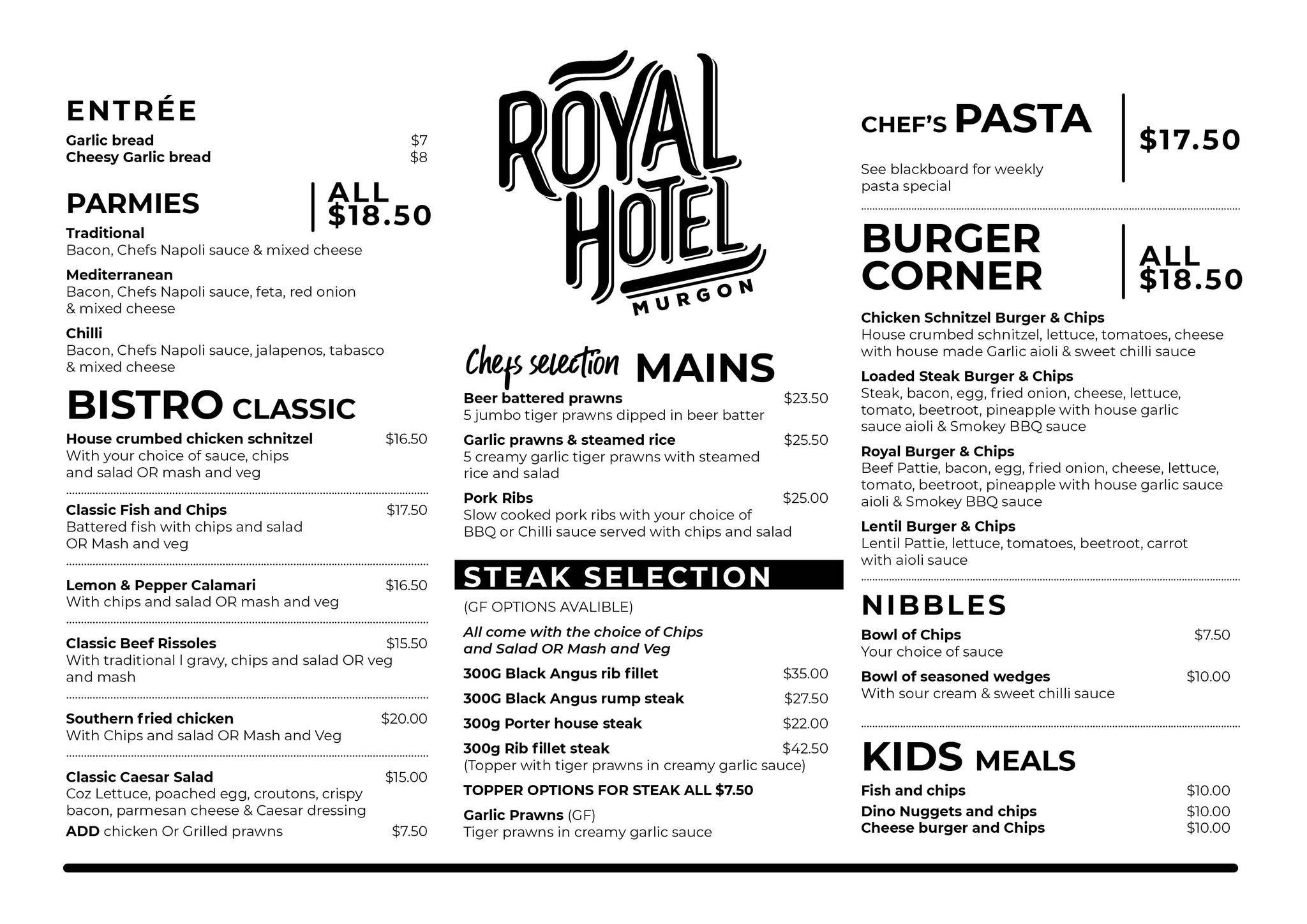 Menu at The Royal Hotel Murgon pub & bar, Murgon