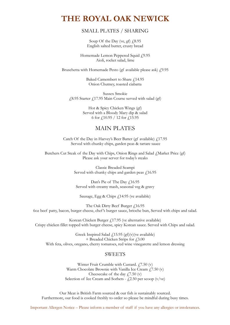 Menu at The Royal Oak pub & bar, Newick