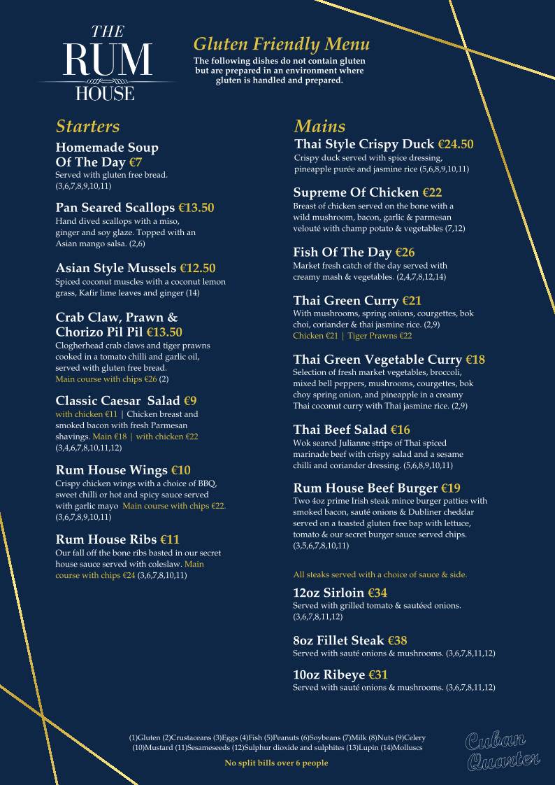 Menu at The Rum House pub & bar, Dundalk