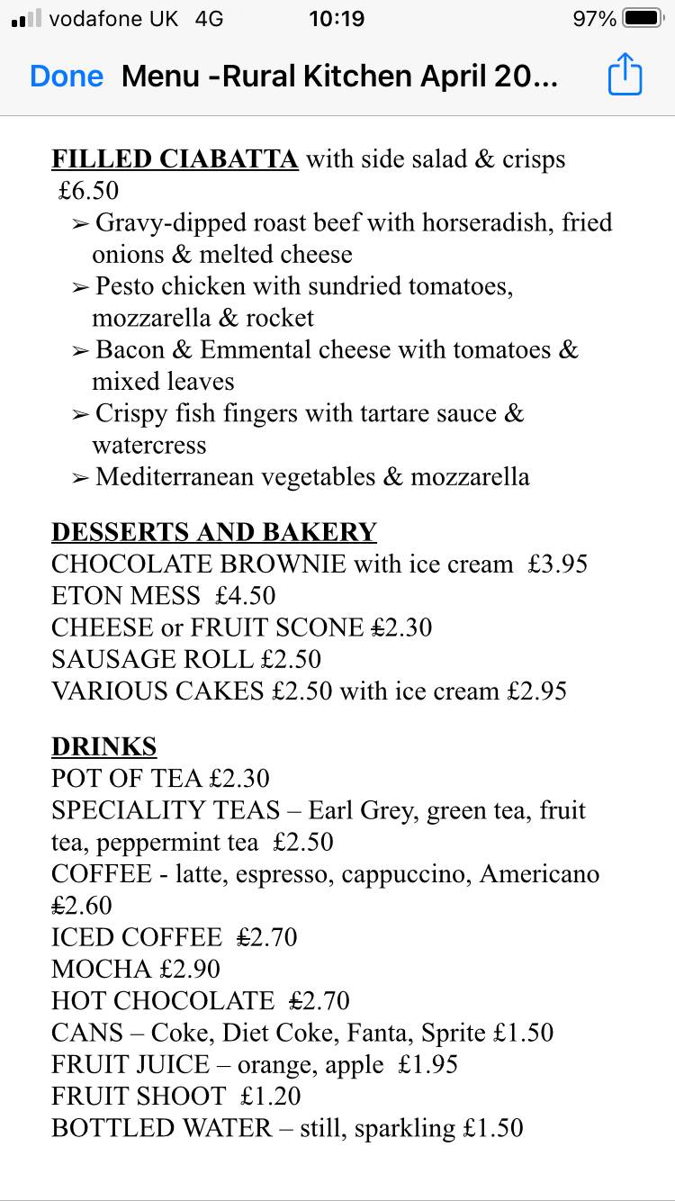 Menu at The Rural kitchen cafe, Norwich