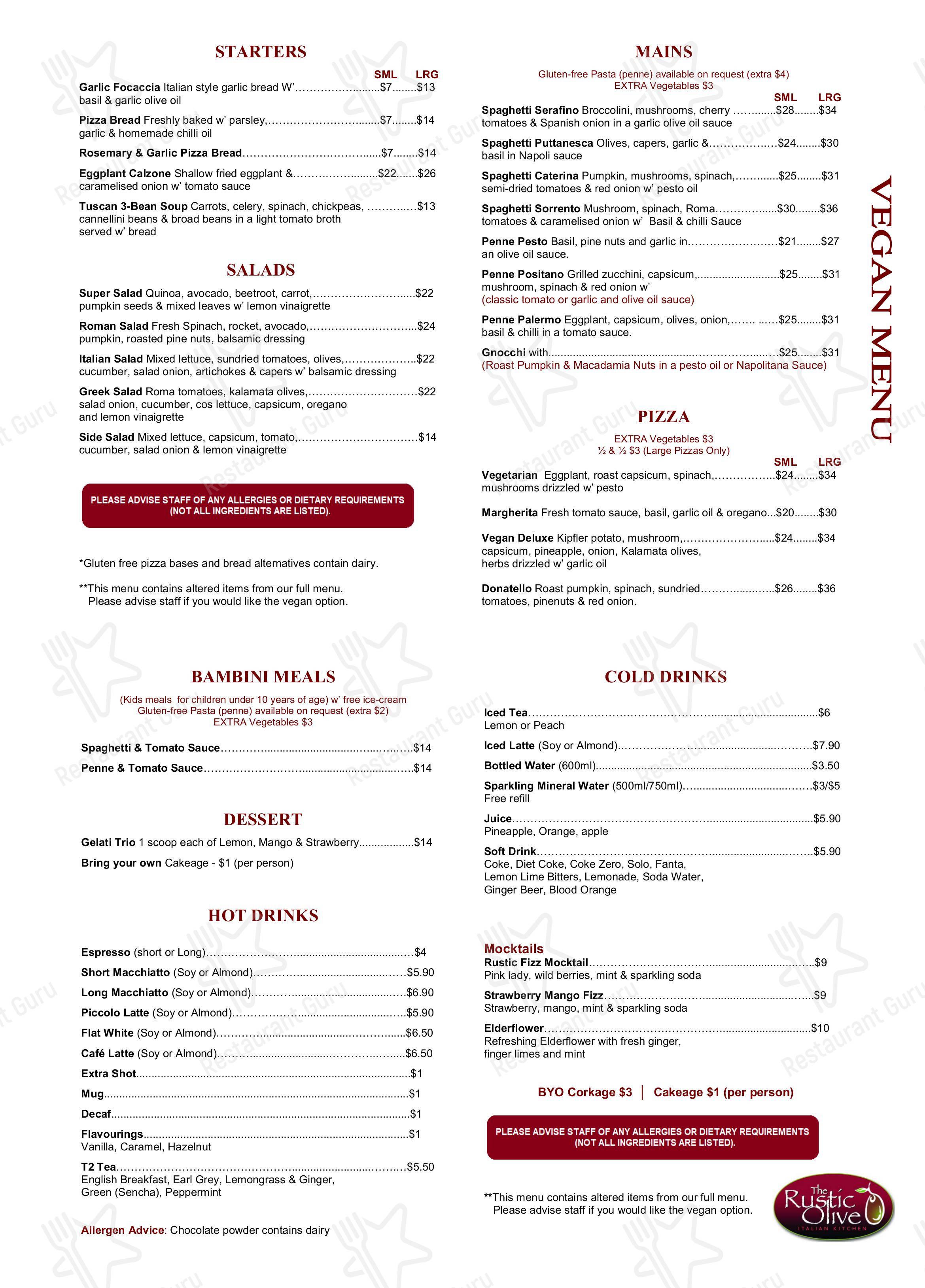Menu at The Rustic Olive restaurant, Redcliffe