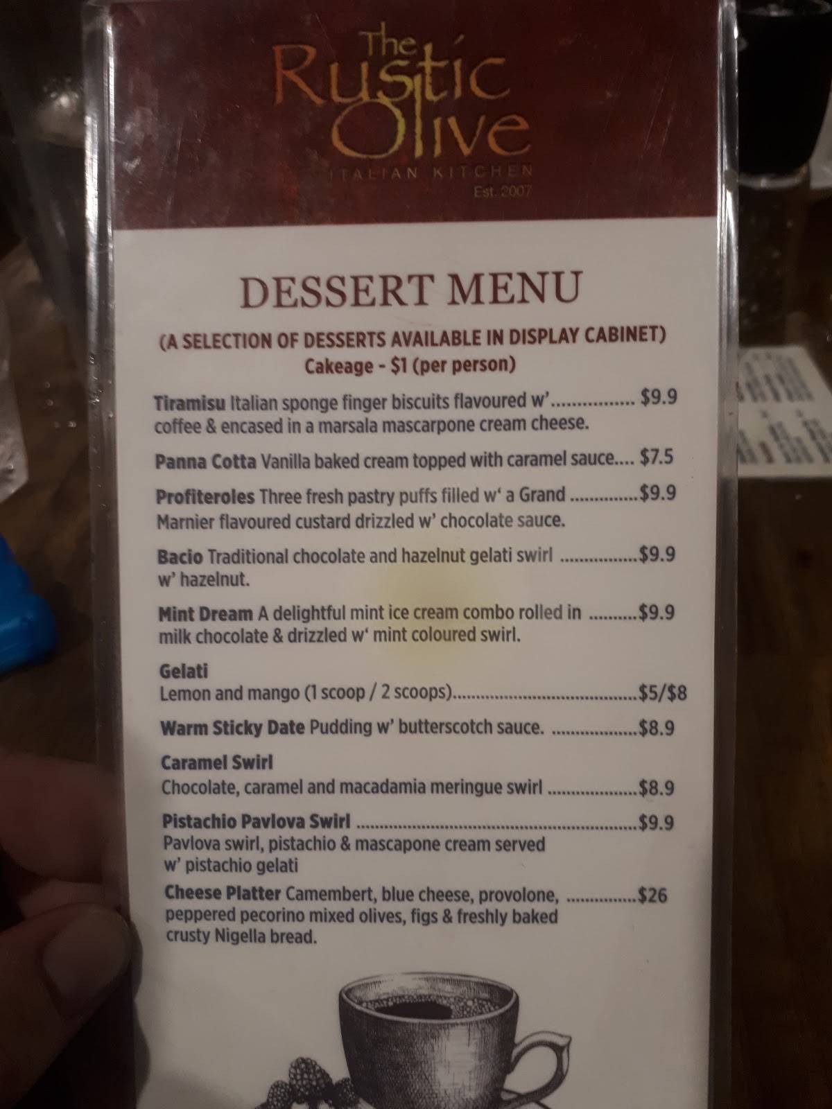 Menu at The Rustic Olive restaurant, Redcliffe