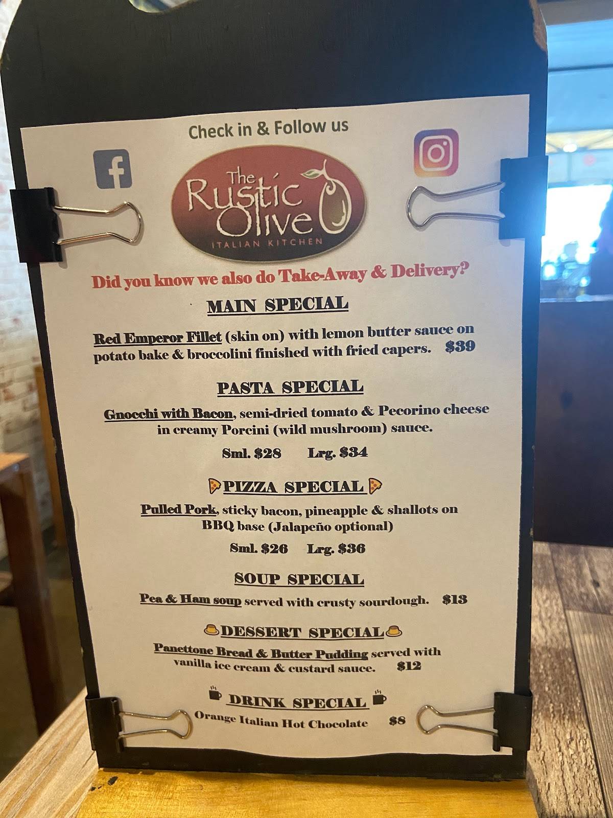 Menu at The Rustic Olive restaurant, Redcliffe