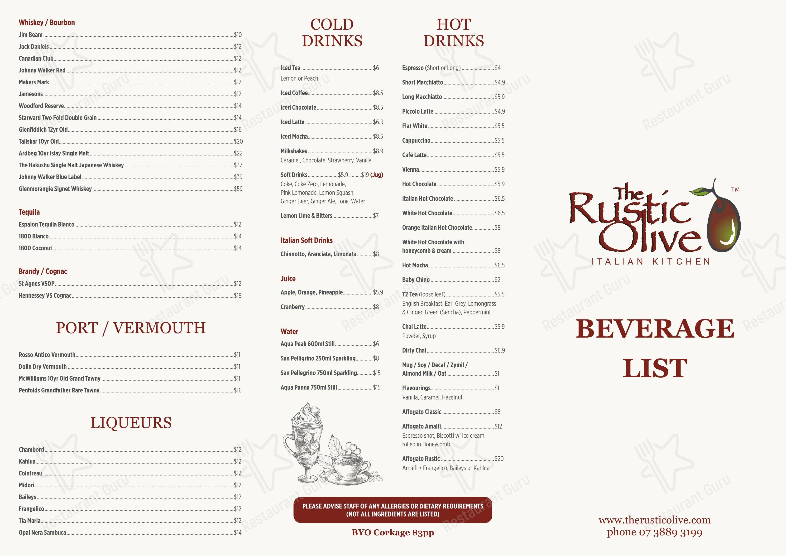 Menu at The Rustic Olive restaurant, Redcliffe