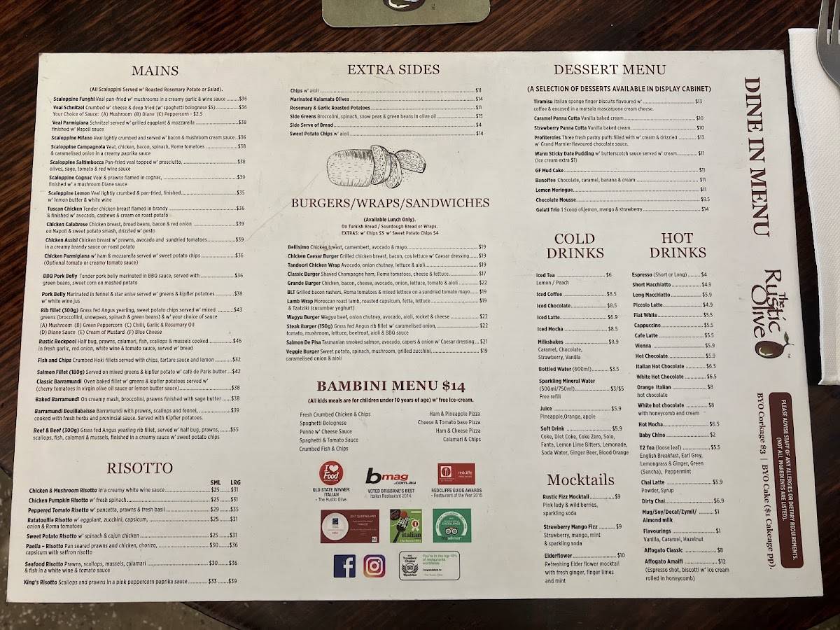 Menu at The Rustic Olive restaurant, Redcliffe
