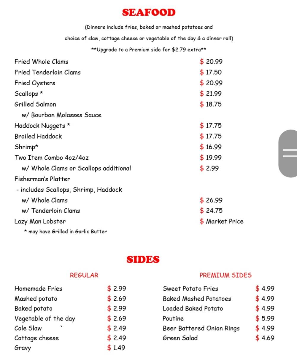 Menu at The Rusty Crab restaurant, Mars Hill