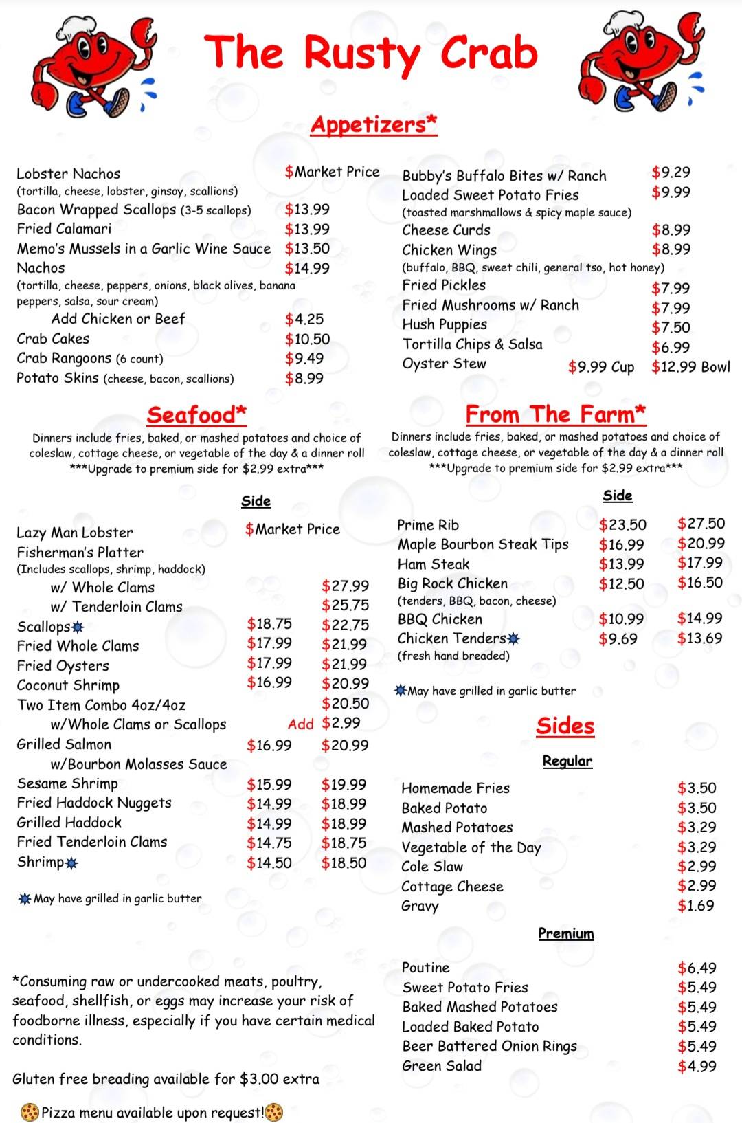 Menu at The Rusty Crab restaurant, Mars Hill