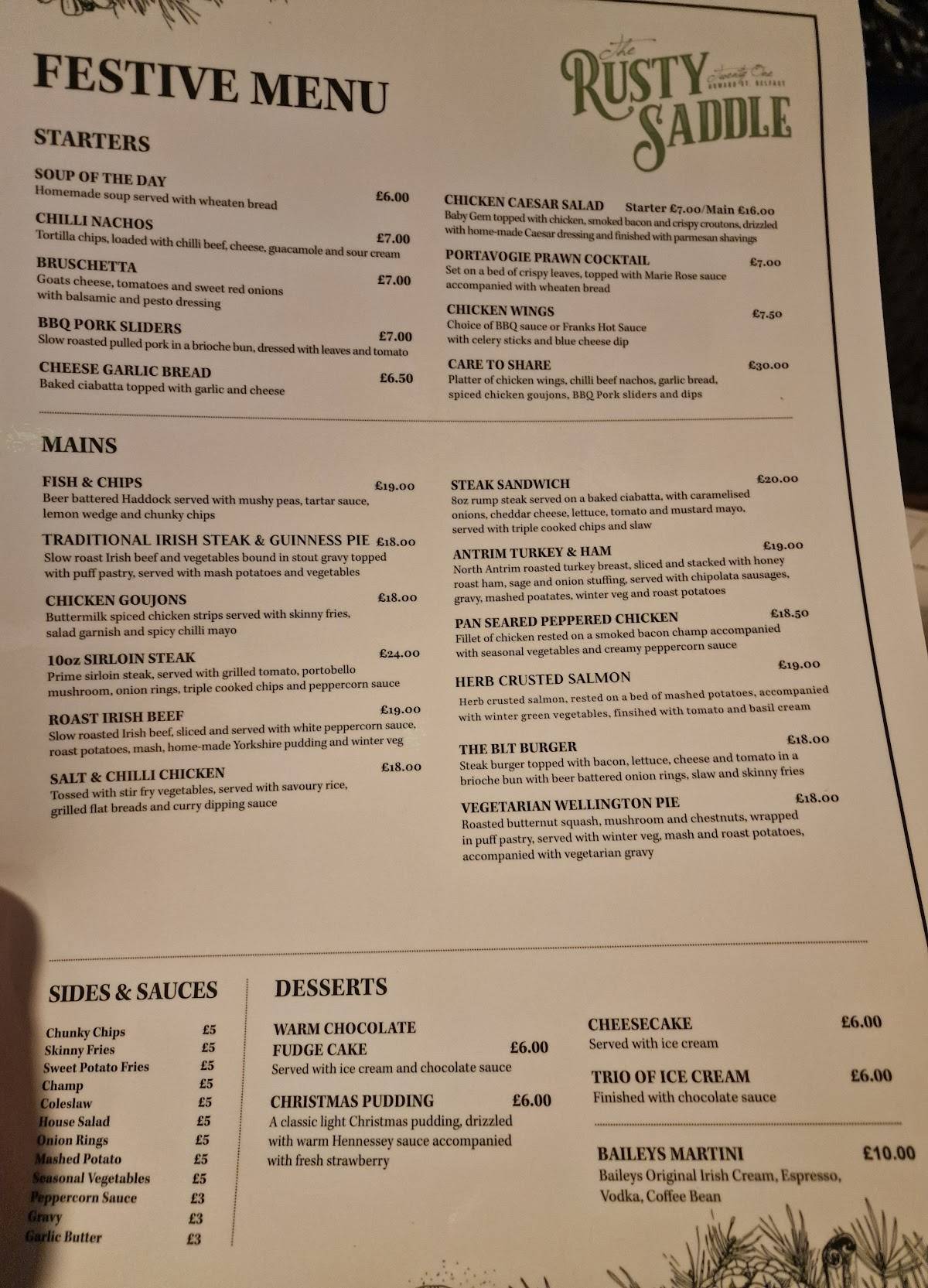 Menu at The Rusty Saddle restaurant, Belfast
