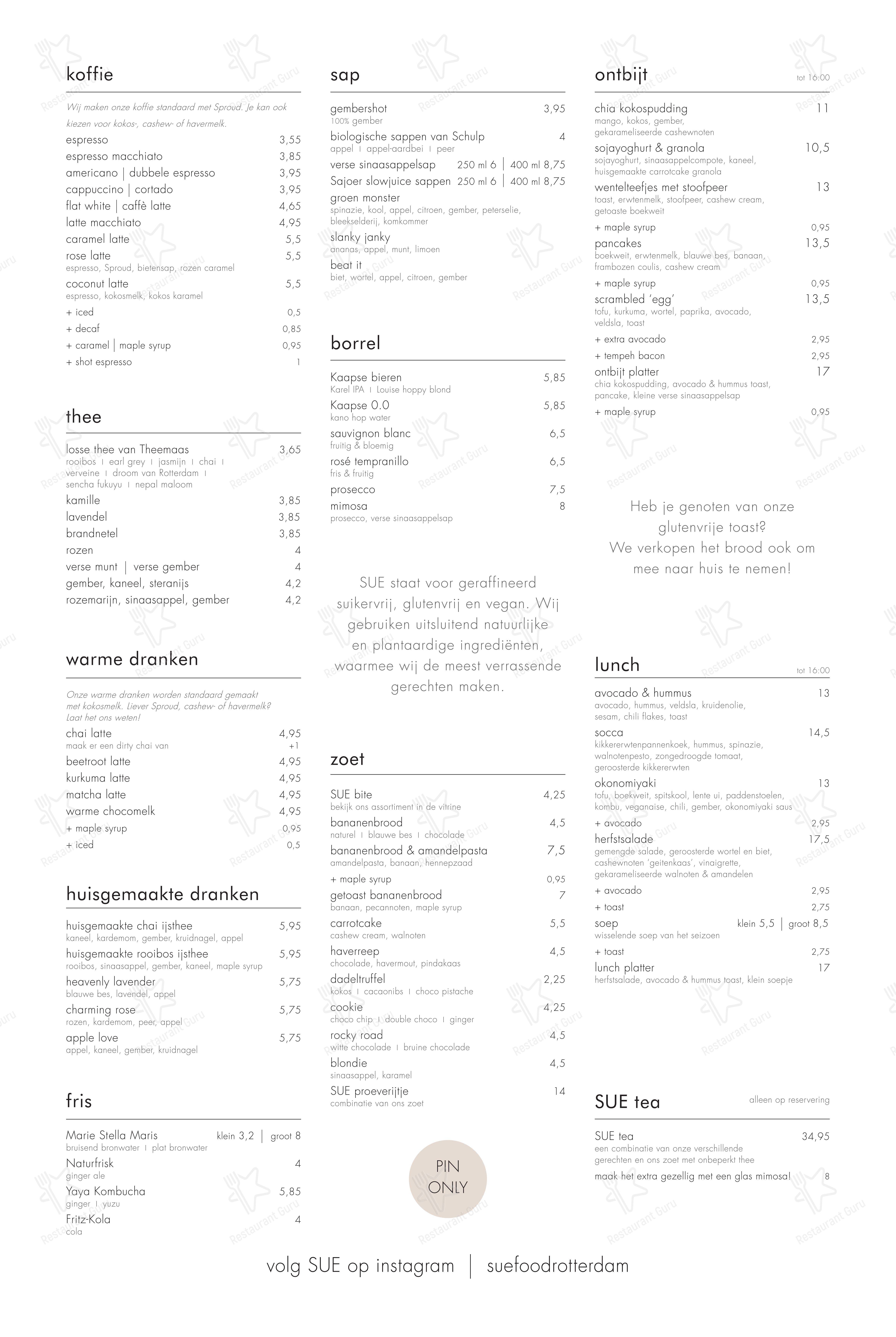 Menu at The SUE Store, Rotterdam
