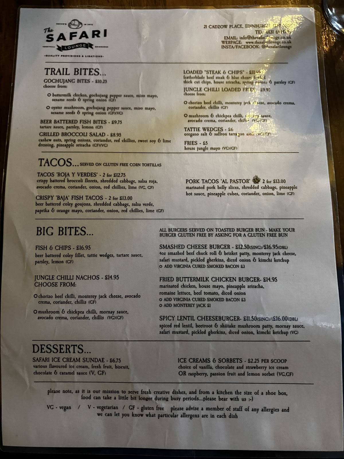 Menu at The Safari Lounge pub & bar, Edinburgh