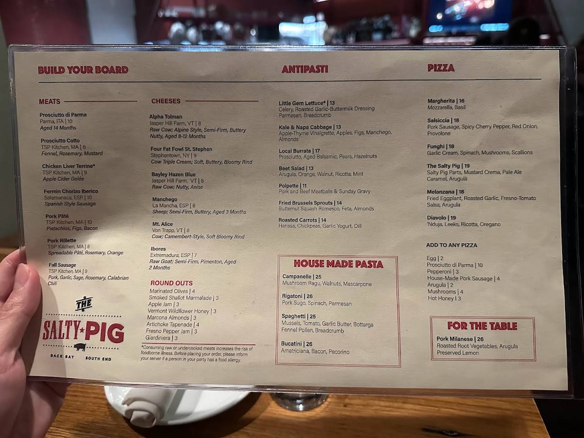 Menu at The Salty Pig pizzeria, Boston