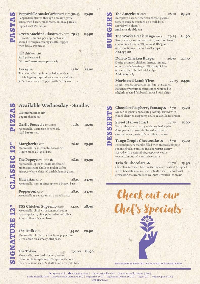 Menu at The Sands Social restaurant, Sandgate