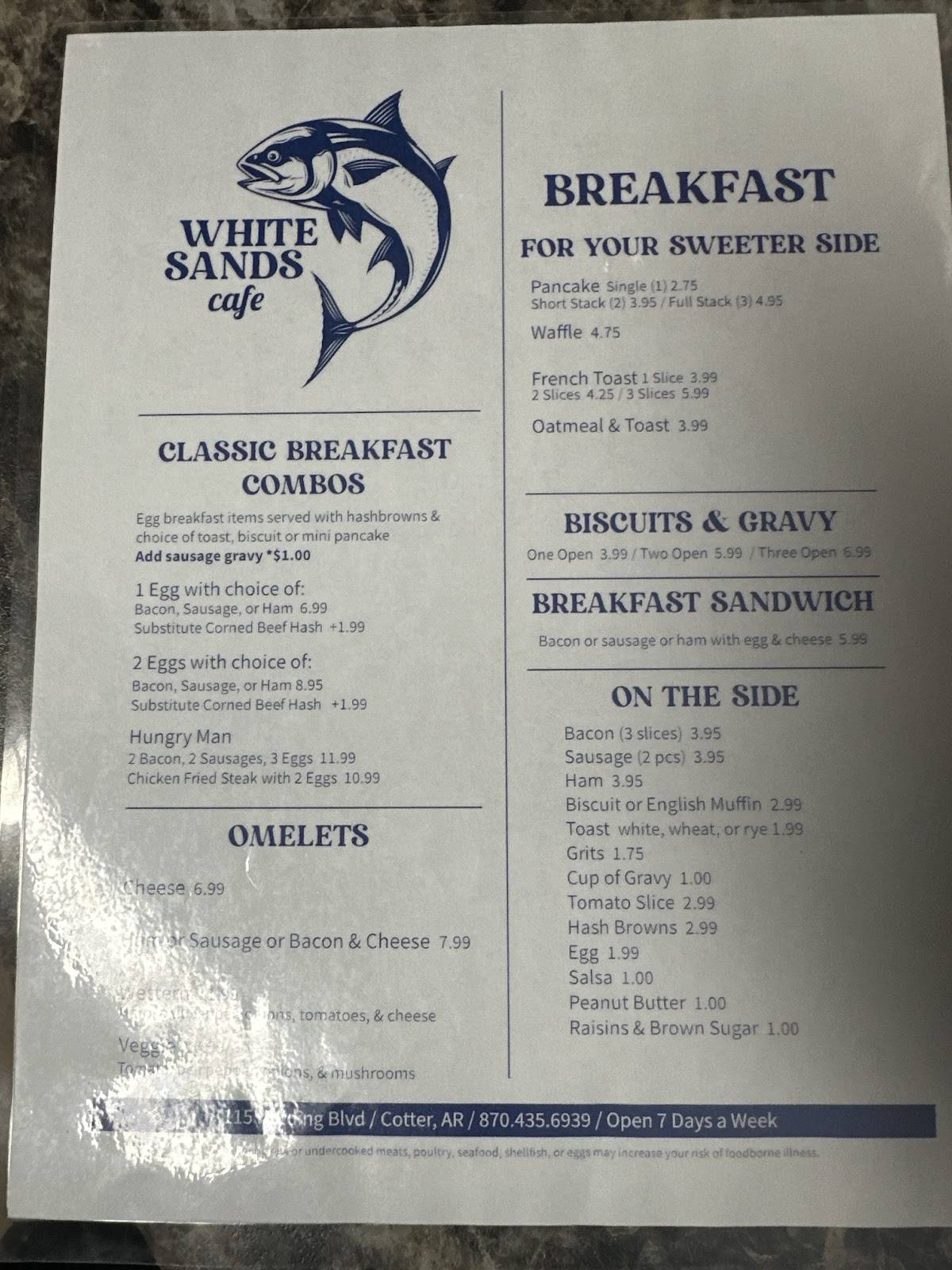 Menu at The Sands cafe, Cotter