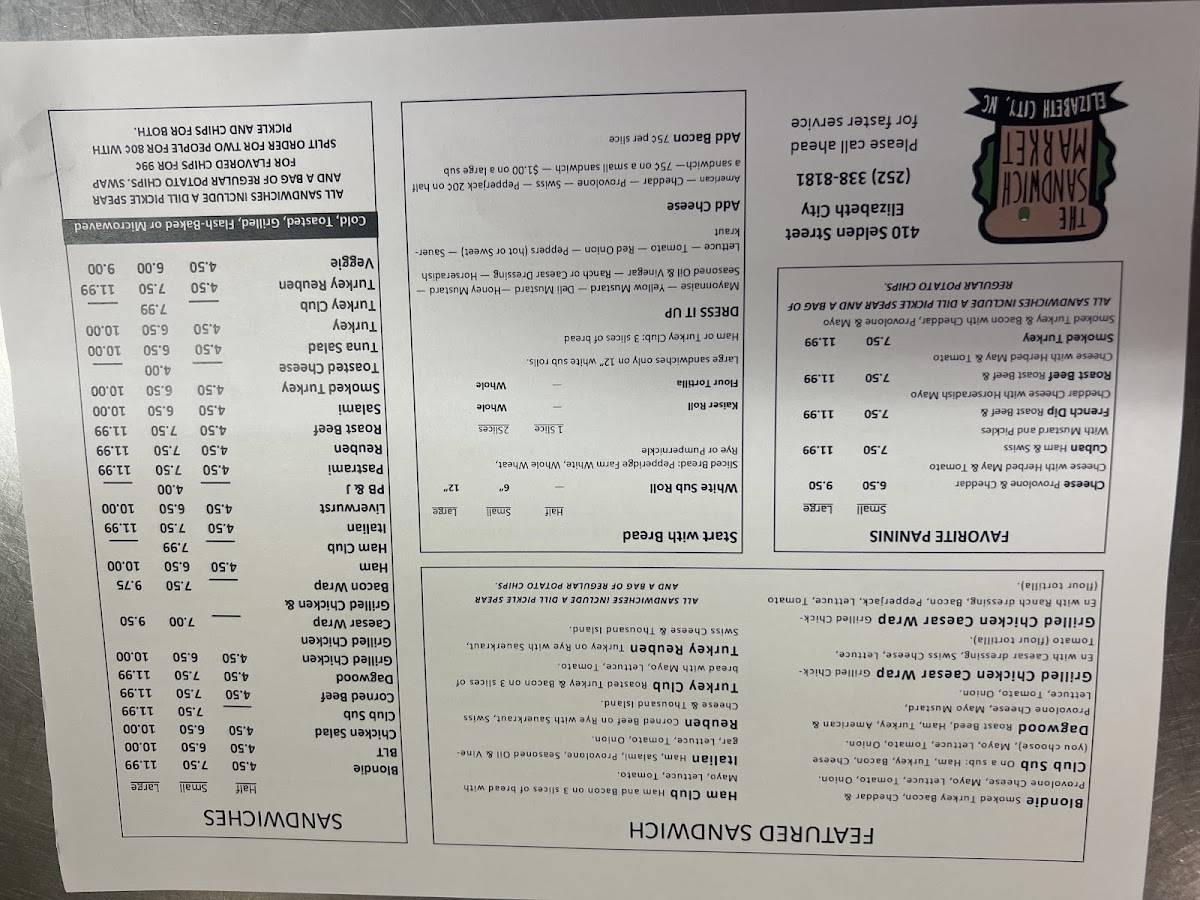 Menu at The Sandwich Market restaurant, Elizabeth City