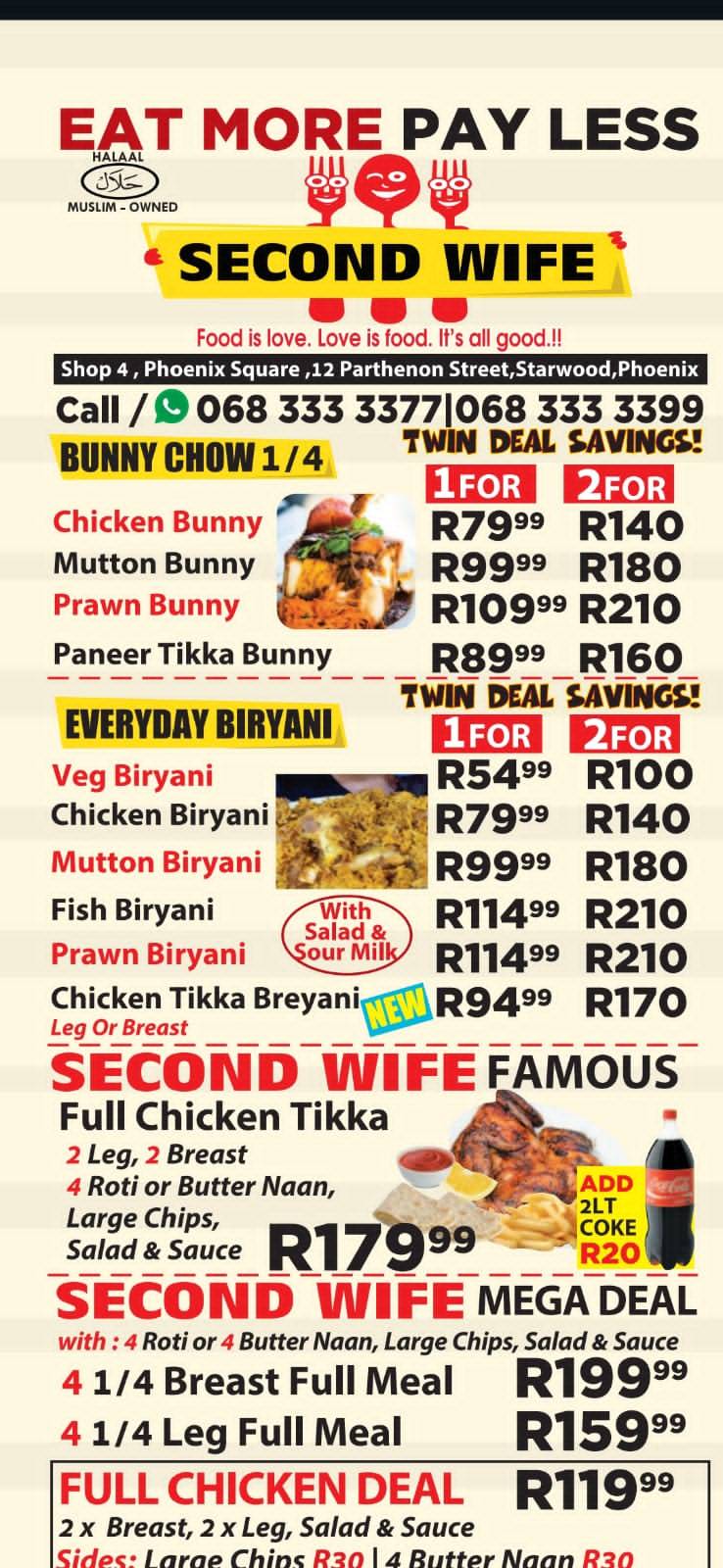 Menu at The Second Wife restaurant, Durban