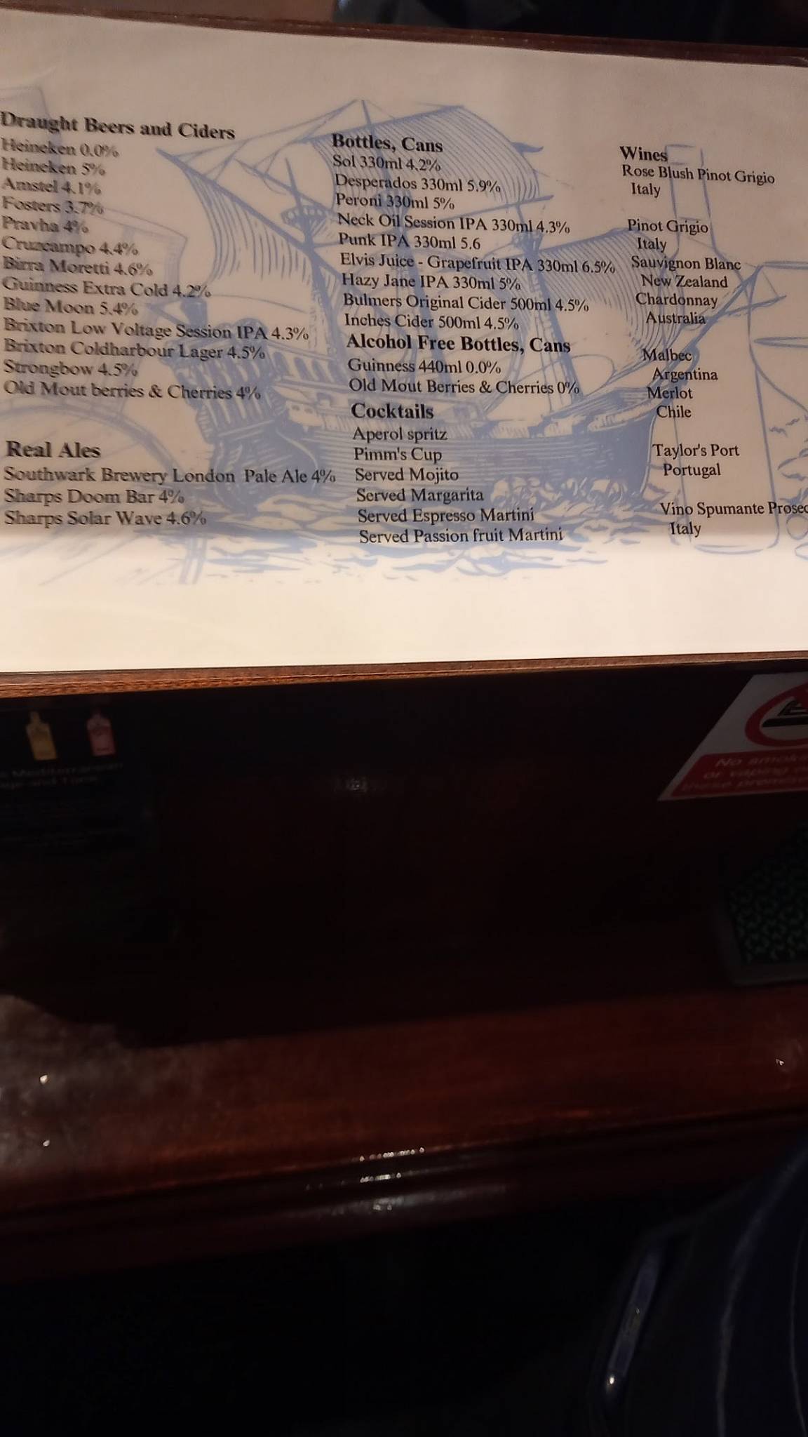 Carta del pub y bar The Shipwrights Arms, Londres, 88 Tooley St