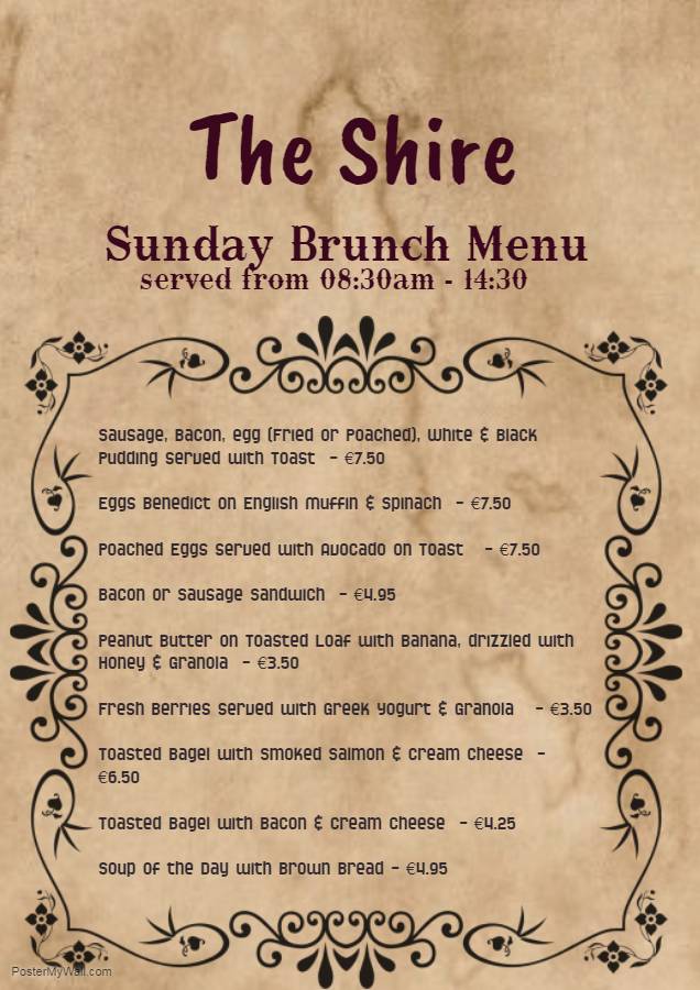 Menu at The Shire Bar & Cafe, Killarney