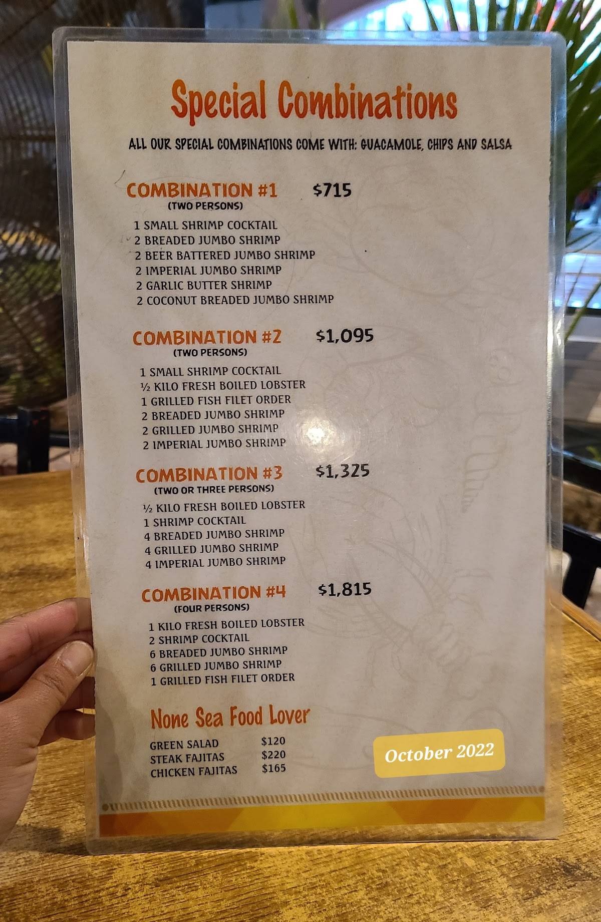 Menu at The Shrimp Factory restaurant, Mazatlán, De Las Garzas 14