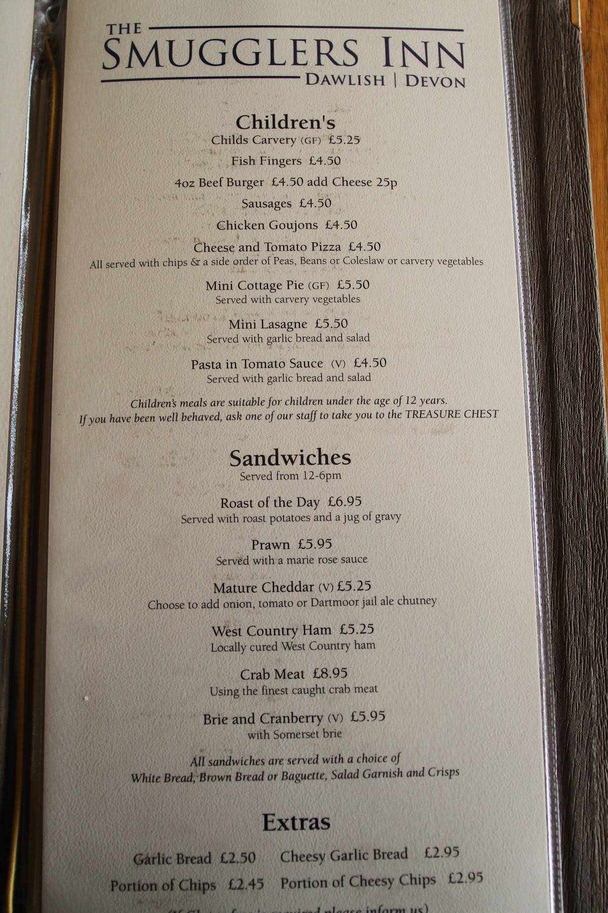 Menu at The Smugglers Inn pub & bar, Dawlish