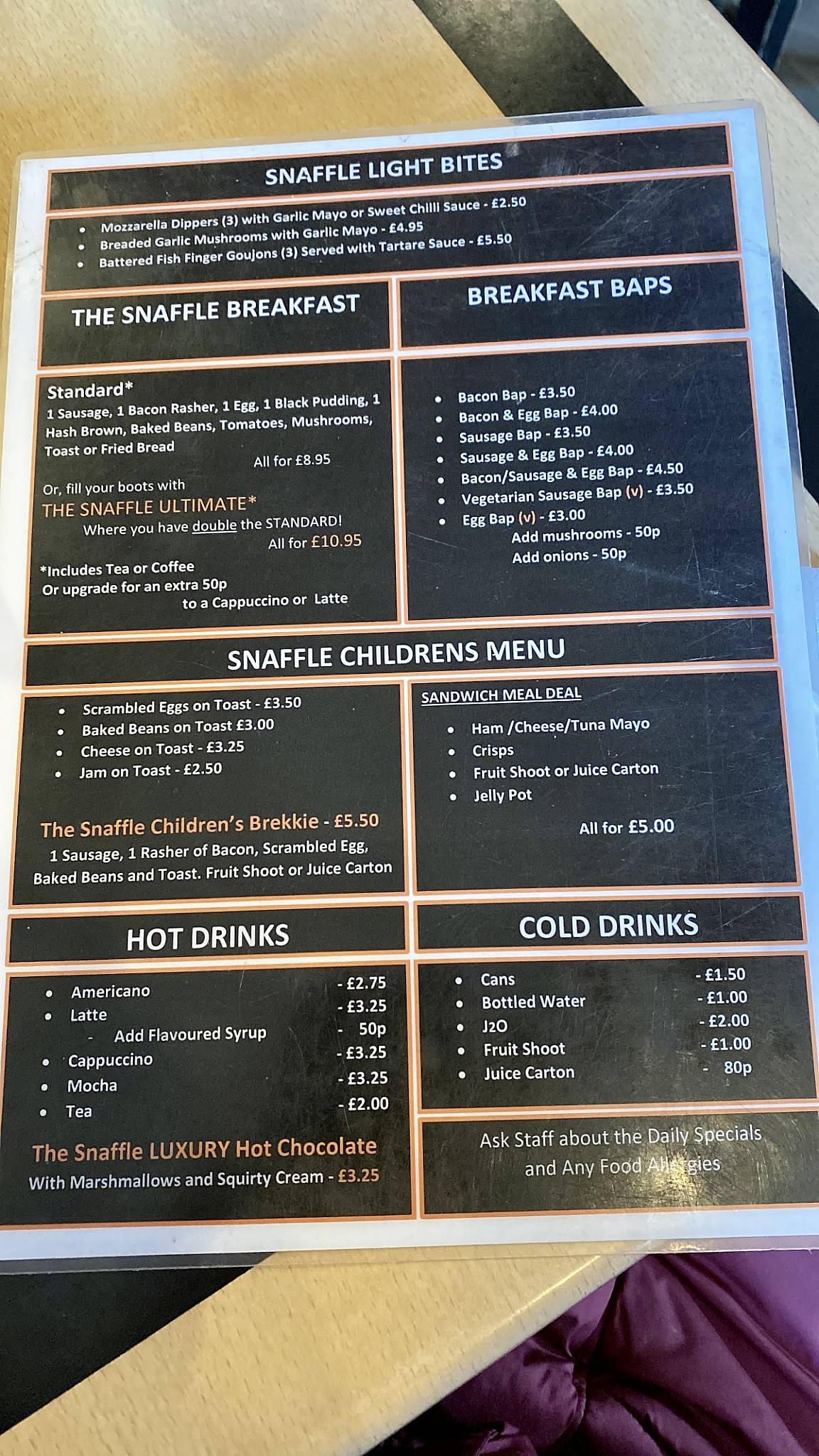 Menu at The Snaffle cafe, Reading
