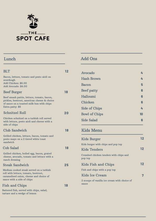 Menu at The Spot Cafe, Kiama