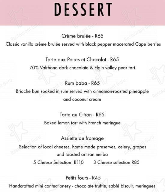 Menu at The Stack restaurant, Cape Town