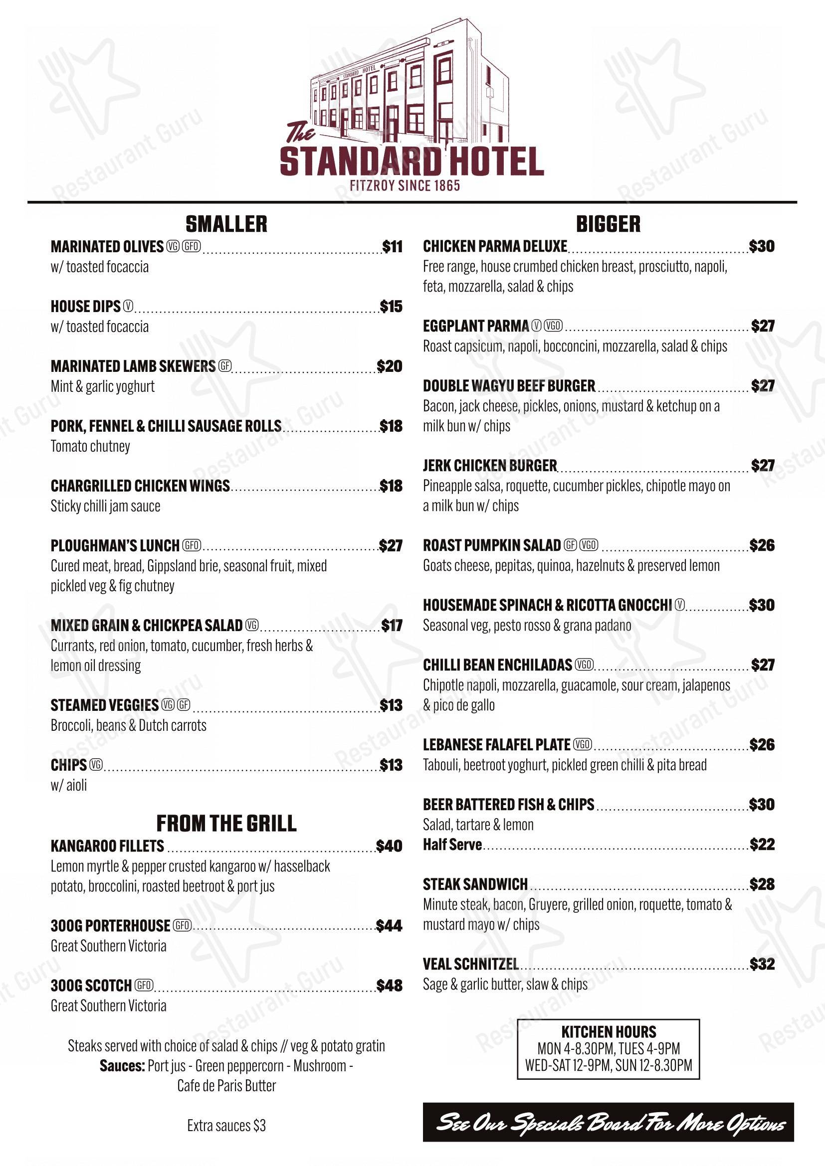 Carta del pub y bar The Standard Hotel, Fitzroy