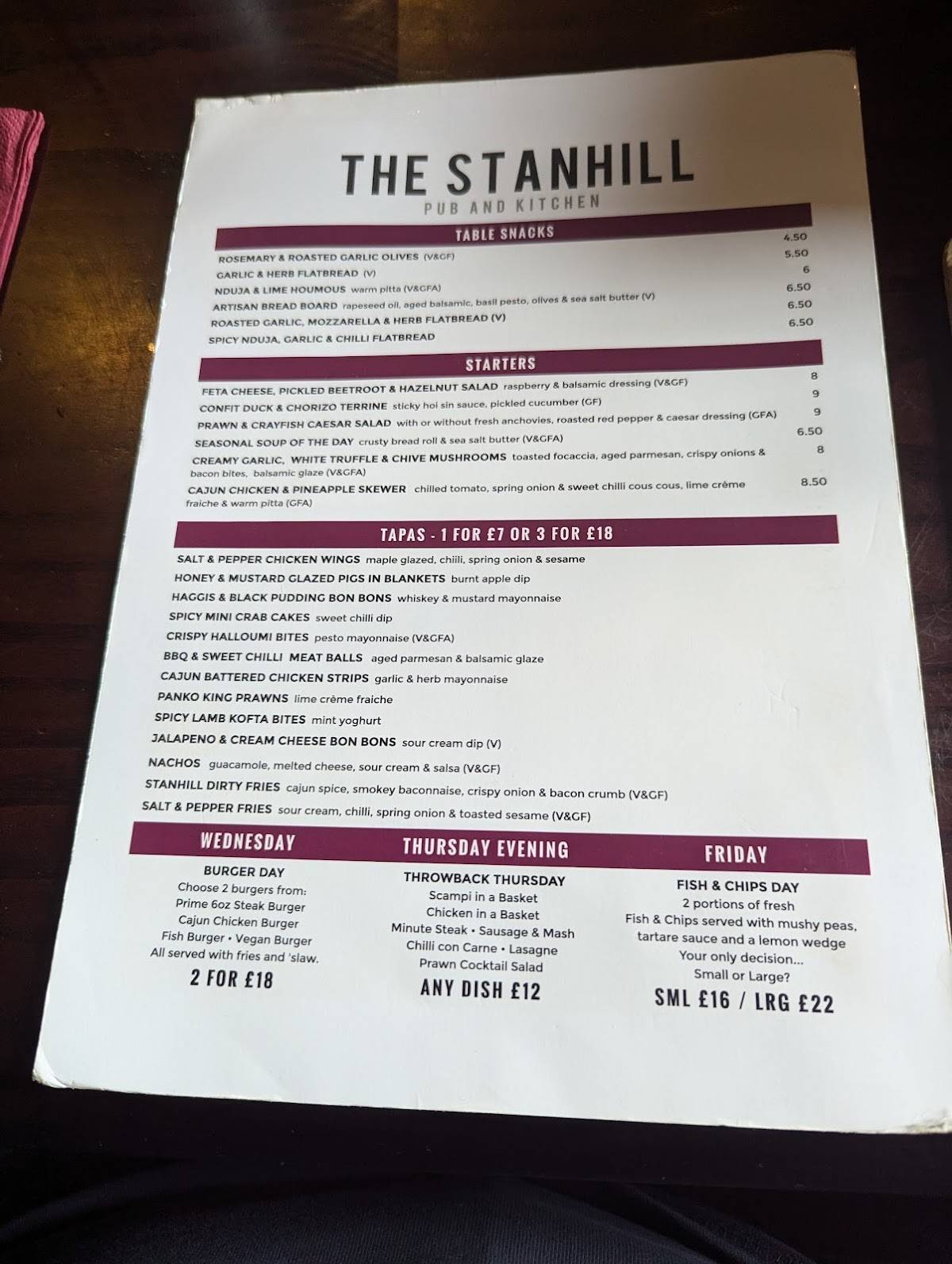Menu at The Stanhill Pub and Kitchen, Oswaldtwistle