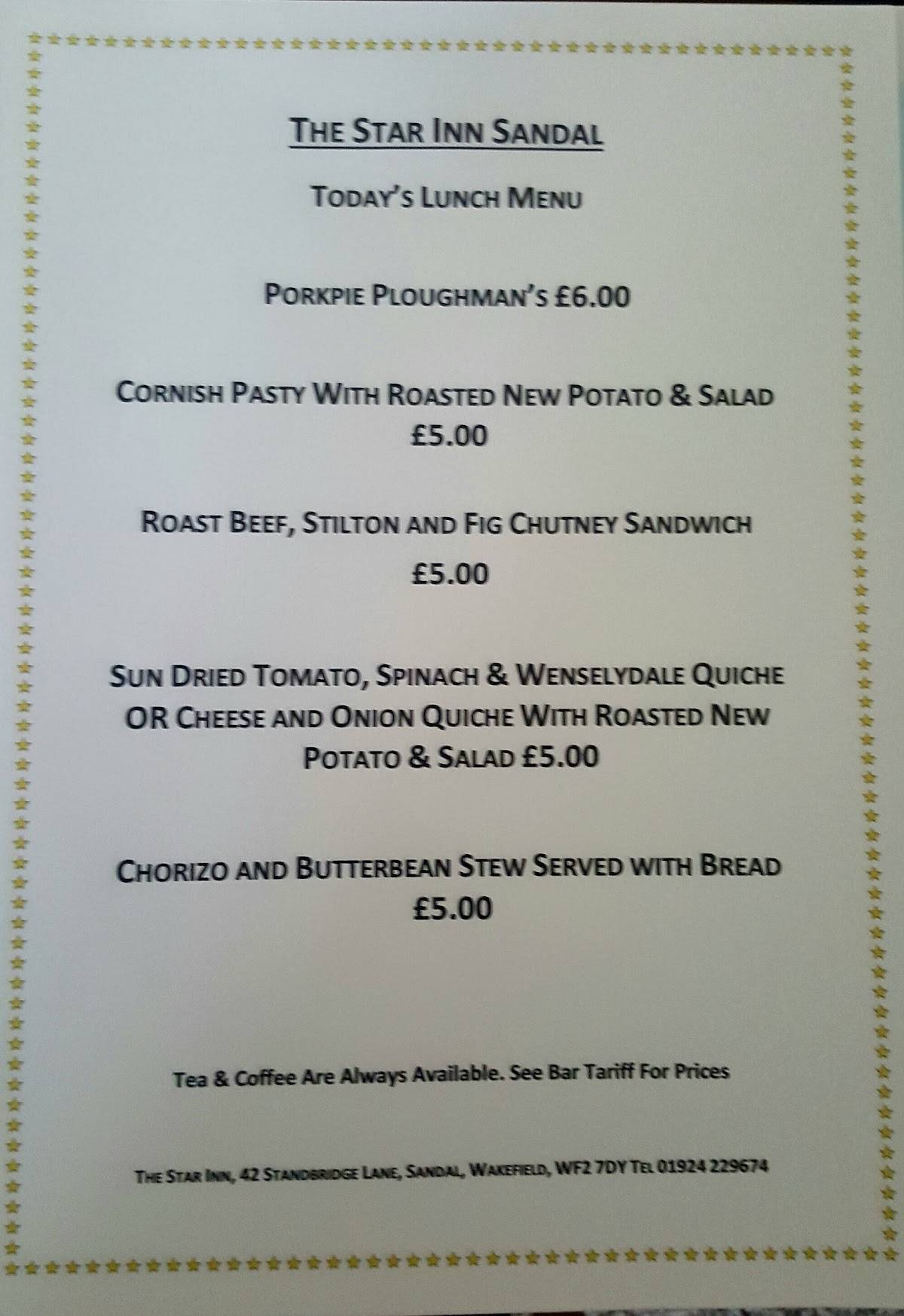 Menu at The Star Sandal pub & bar, Wakefield