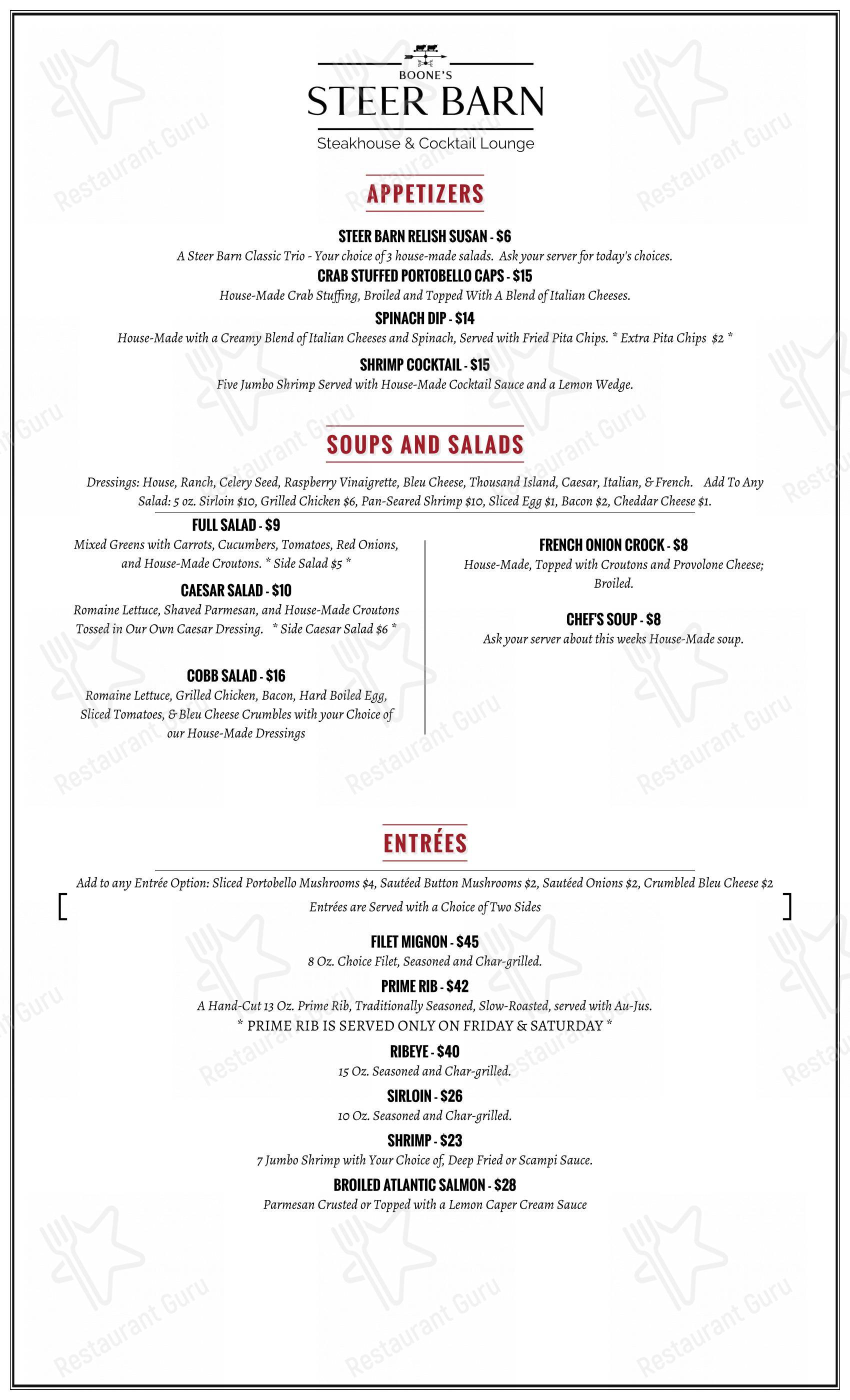Menu at The Steer Barn, Upper Sandusky