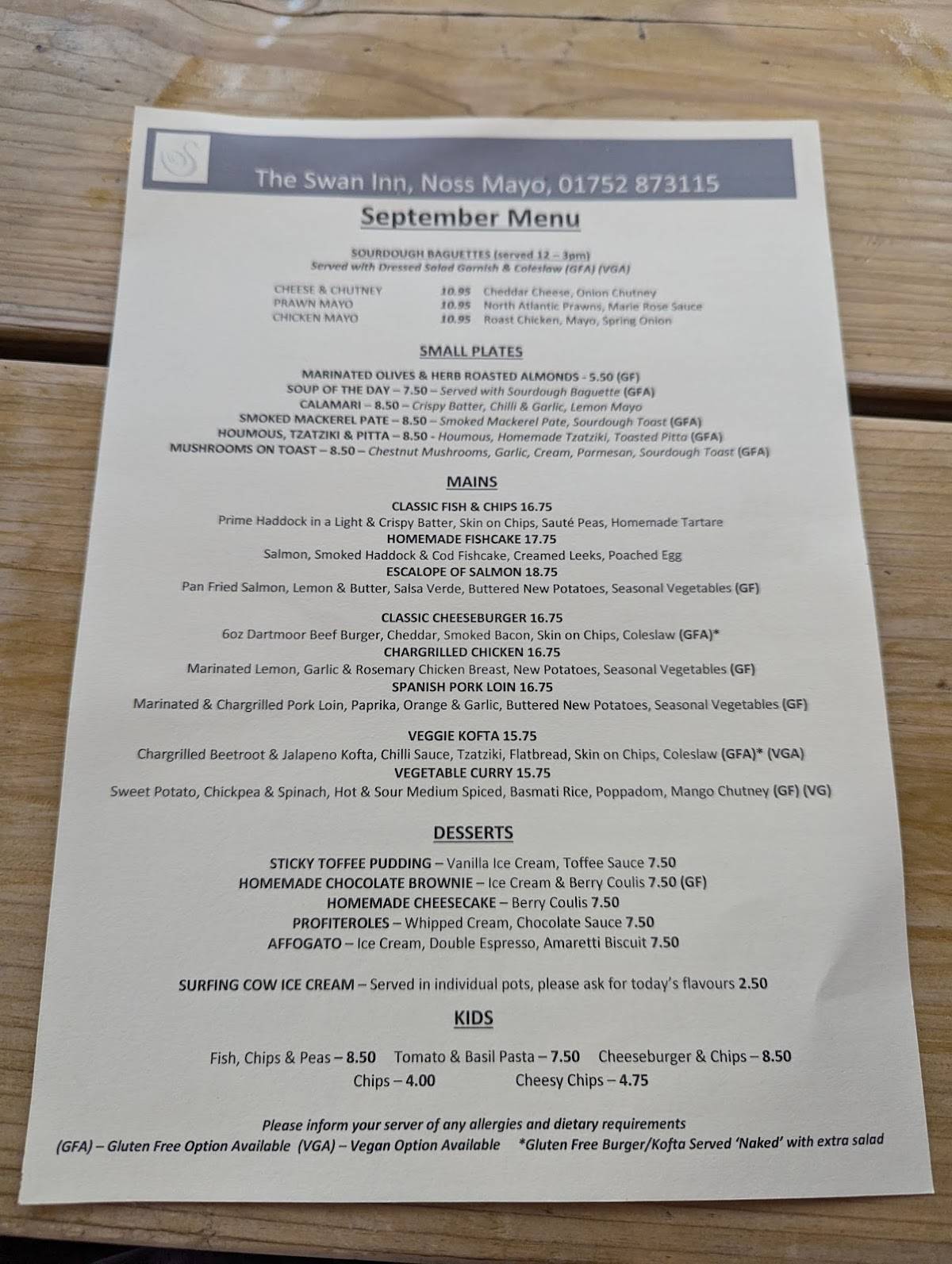 Menu at The Swan Inn pub & bar, Plymouth