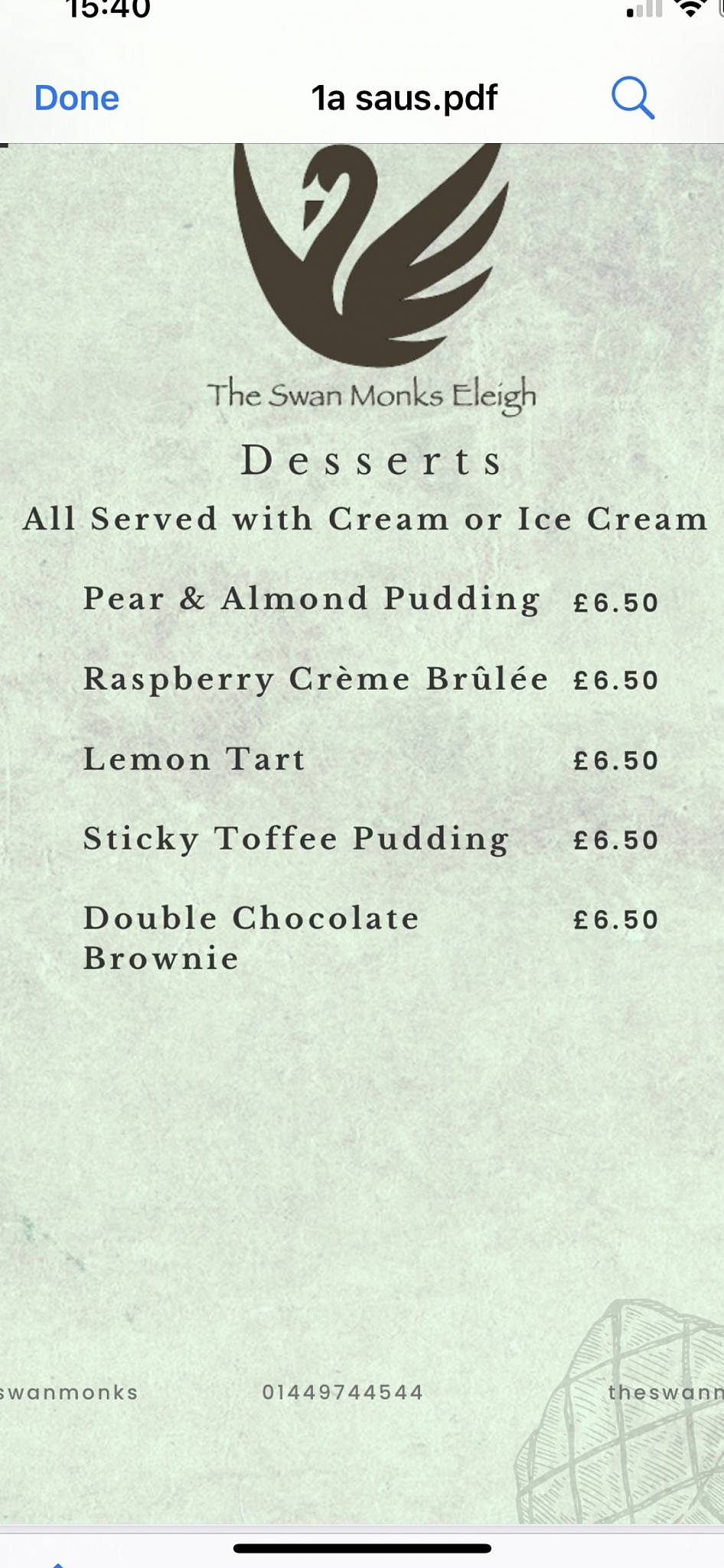 Menu at The Swan restaurant, Monks Eleigh