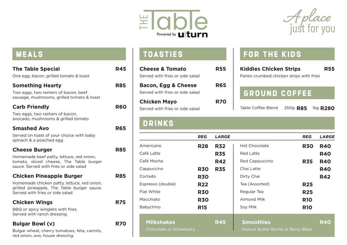 Menu at The Table Cafe, Cape Town