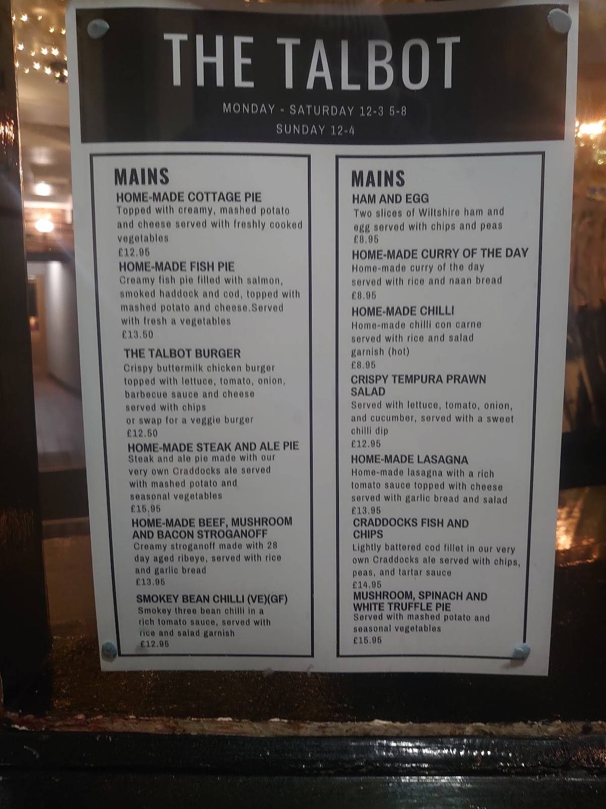 Menu at The Talbot pub & bar, Droitwich Spa
