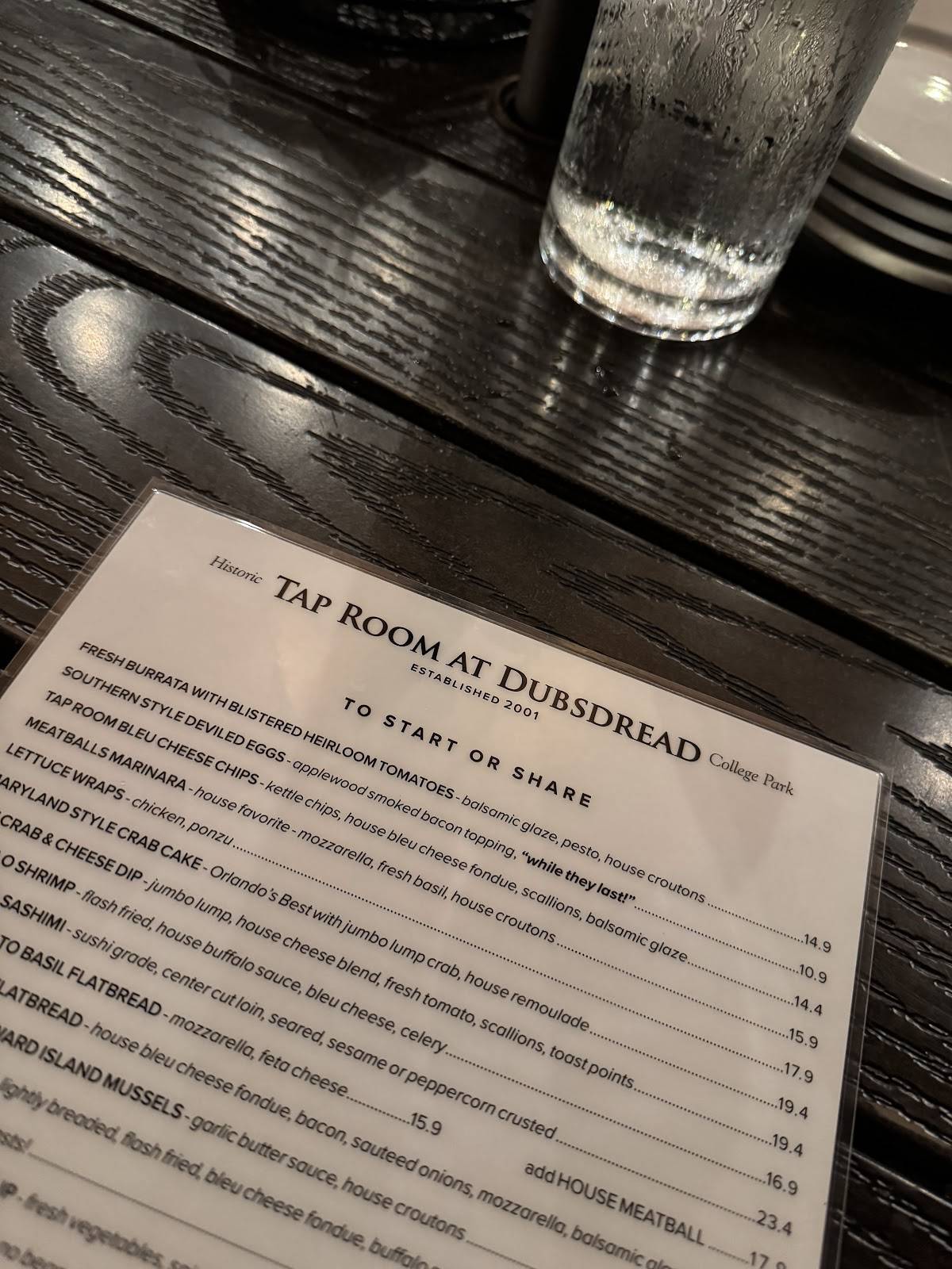 Menu at The Tap Room at Dubsdread restaurant, Orlando