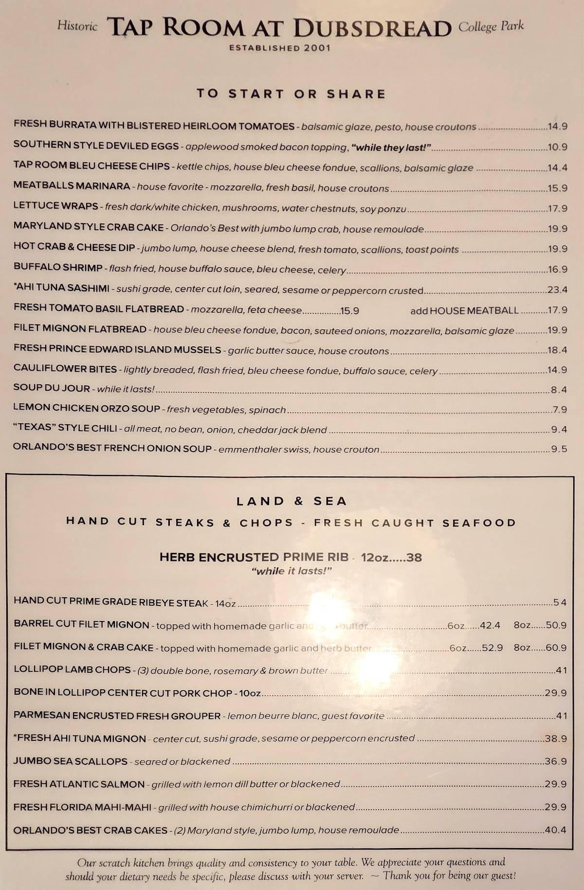 Menu at The Tap Room at Dubsdread restaurant, Orlando